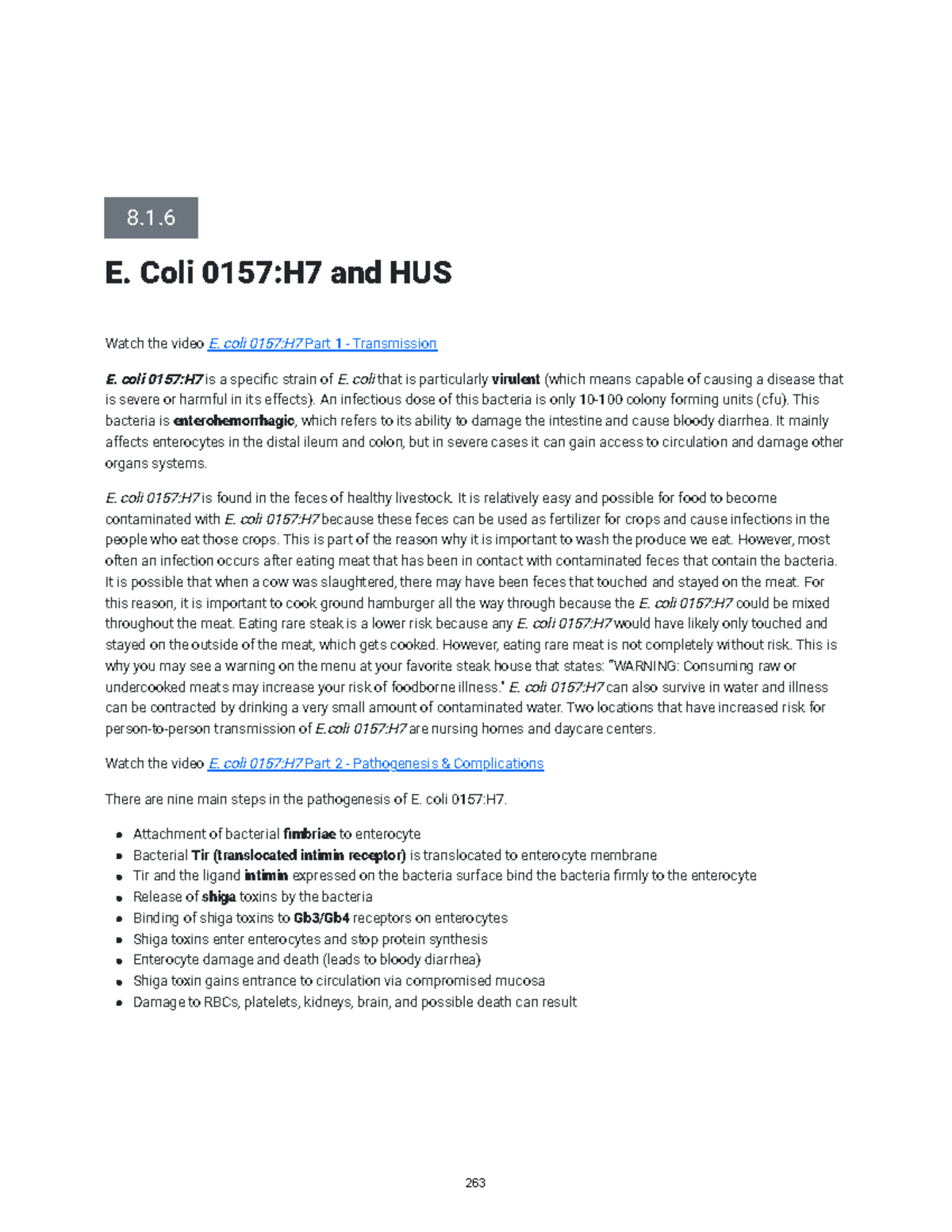 E. Coli 0157:H7 Infection: Pathogenesis & HUS Risks - Study Notes - Studocu