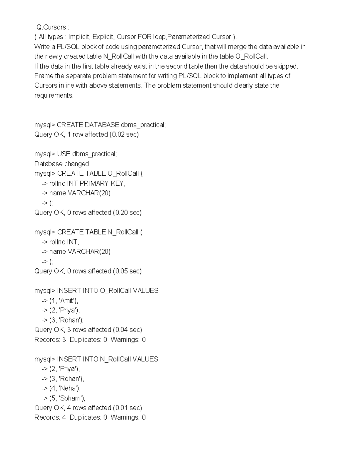 DBMS Outputs: Cursors & Triggers Implementation Guide - Studocu