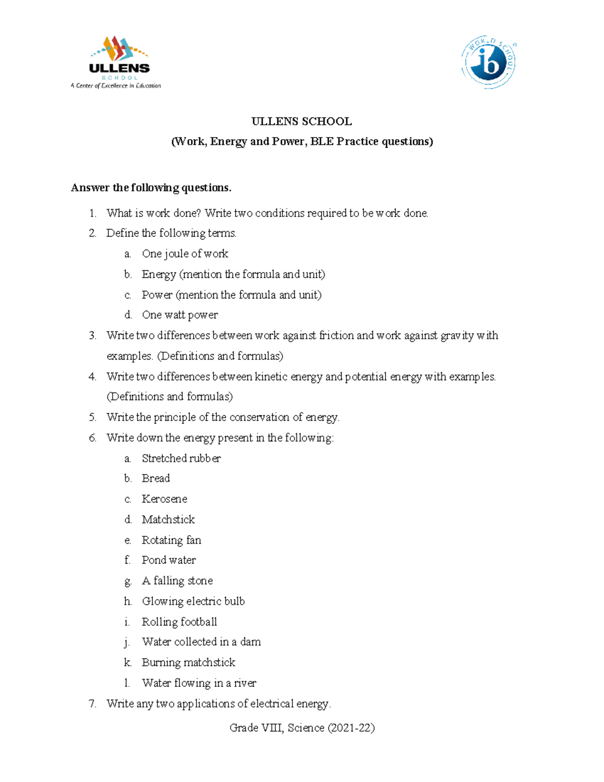 ULLENS SCHOOL (BLE Practice Questions on Work, Energy & Power) - Studocu