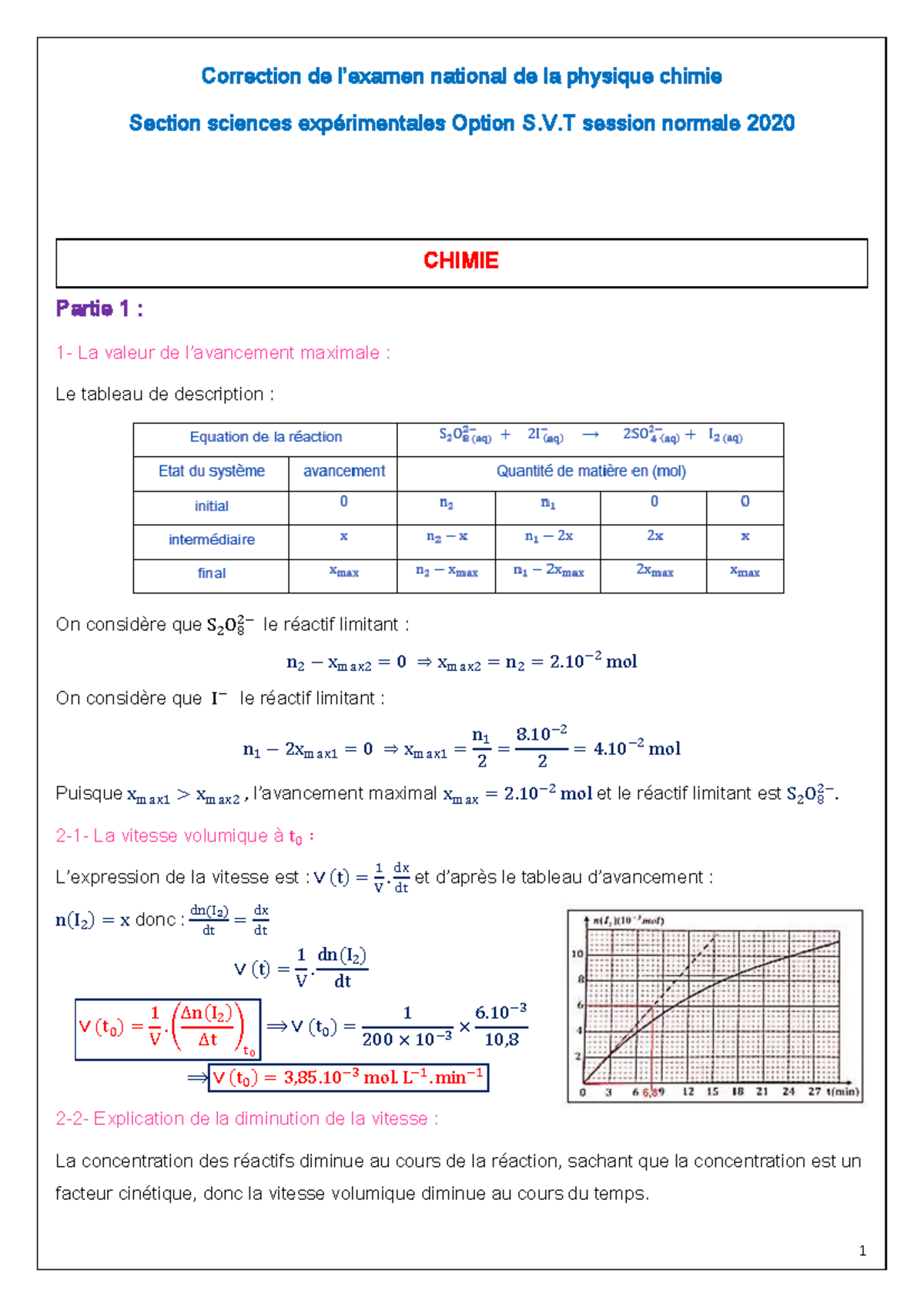 Examen national physique chimie 2 bac svt 2020 normale corrige - Correction de l’examen national ...