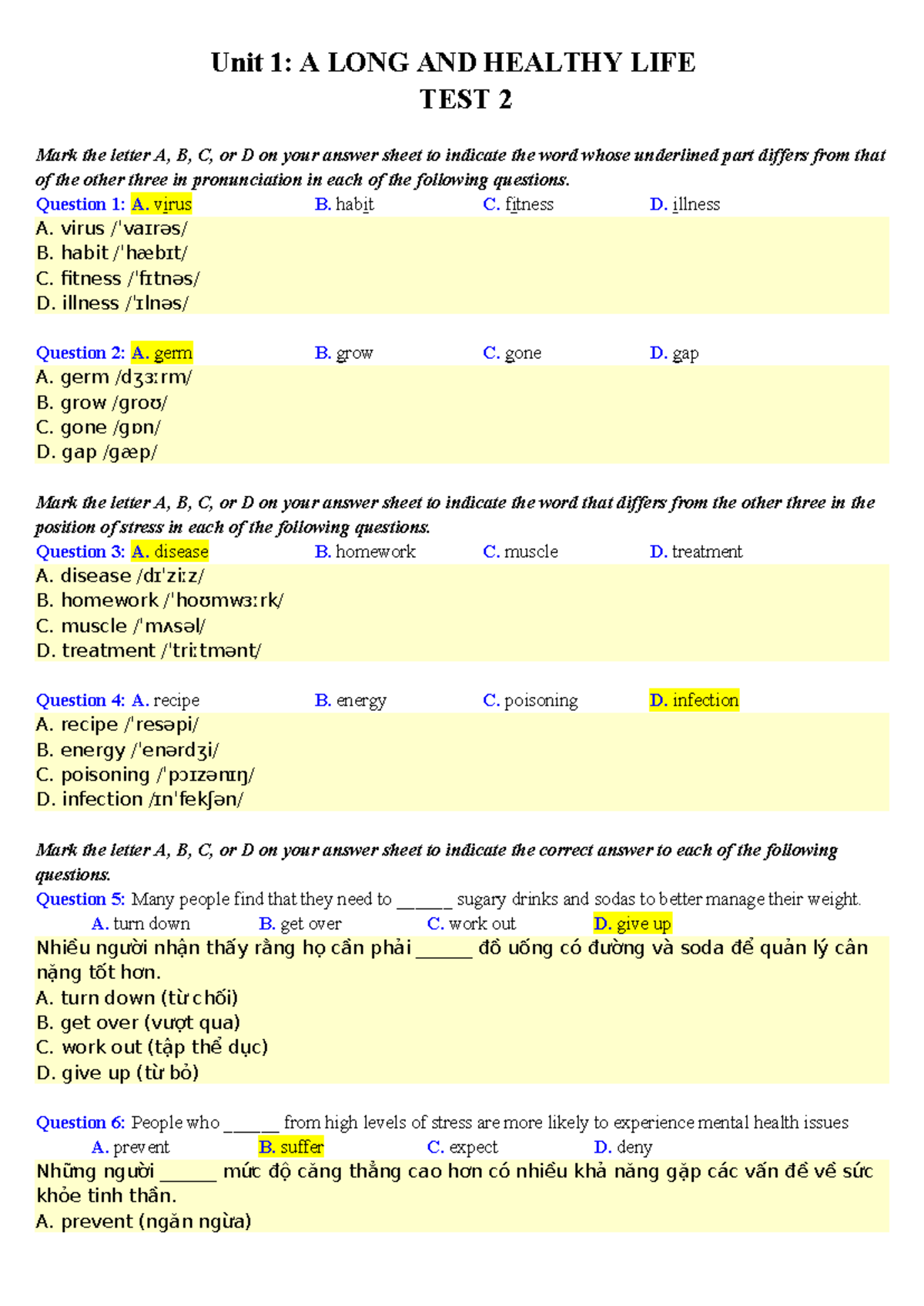 Unit 1: A Long and Healthy Life - Test 2 (Course Code: C11U1) - Studocu