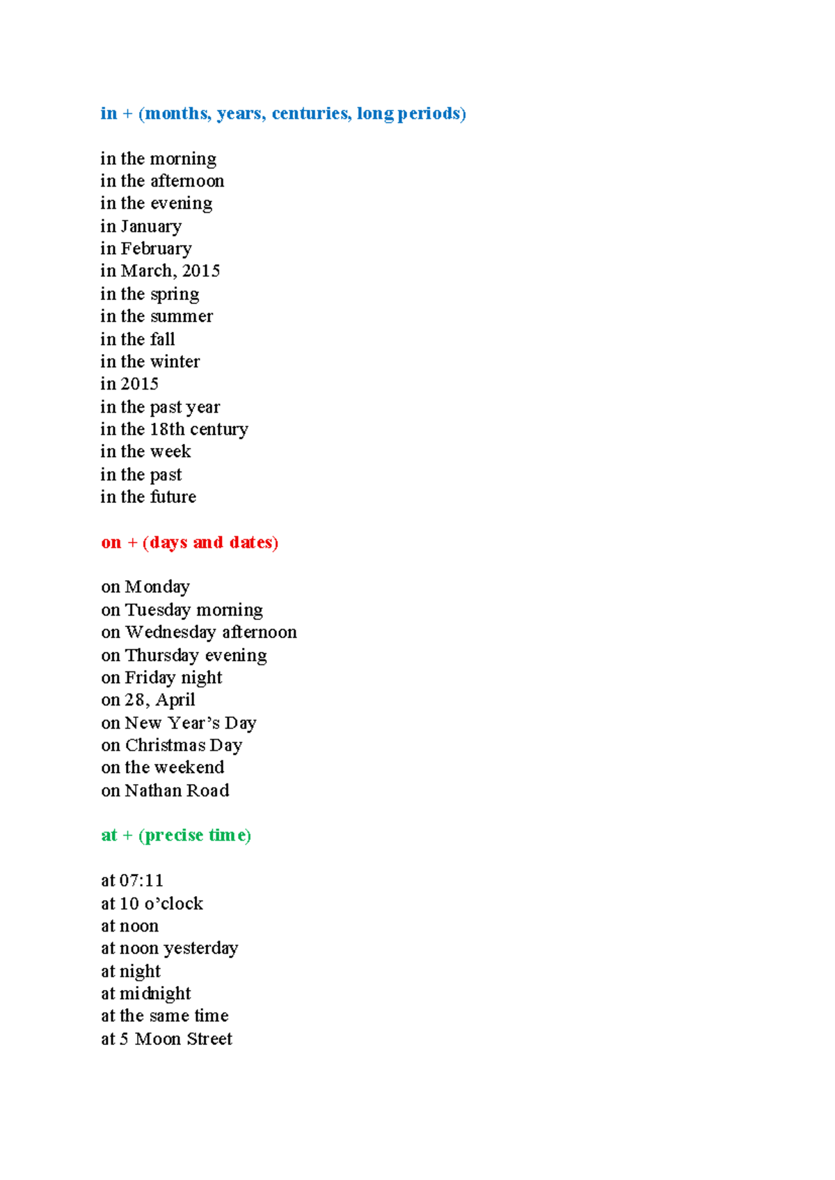 Prepositions in Time and Place - General Language Study - Studocu