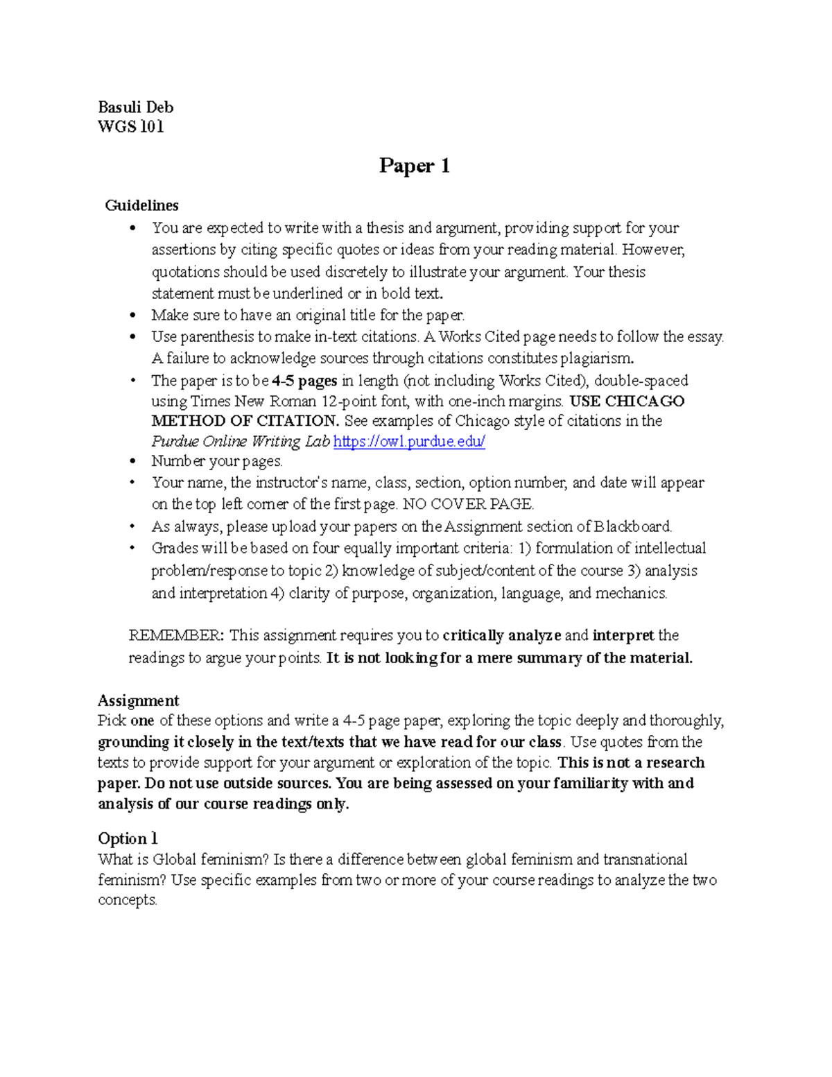 Mid Term Paper WGS250 - Goof - Basuli Deb WGS 101 Paper 1 Guidelines ...