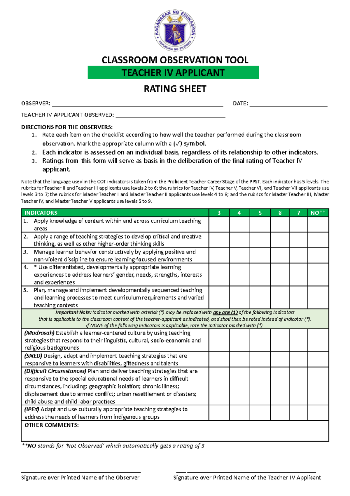COT Rating Sheet for Teacher IV Applicants - Observer Guidelines - Studocu