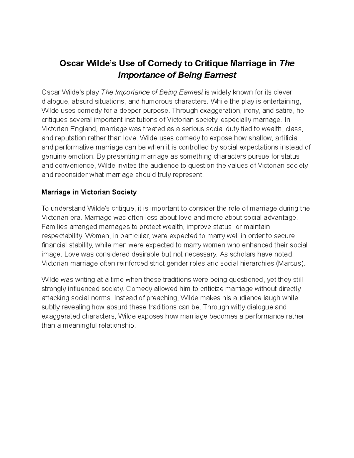 ENG 201: Analytical Essay on Comedy and Marriage in Wilde's Play - Studocu