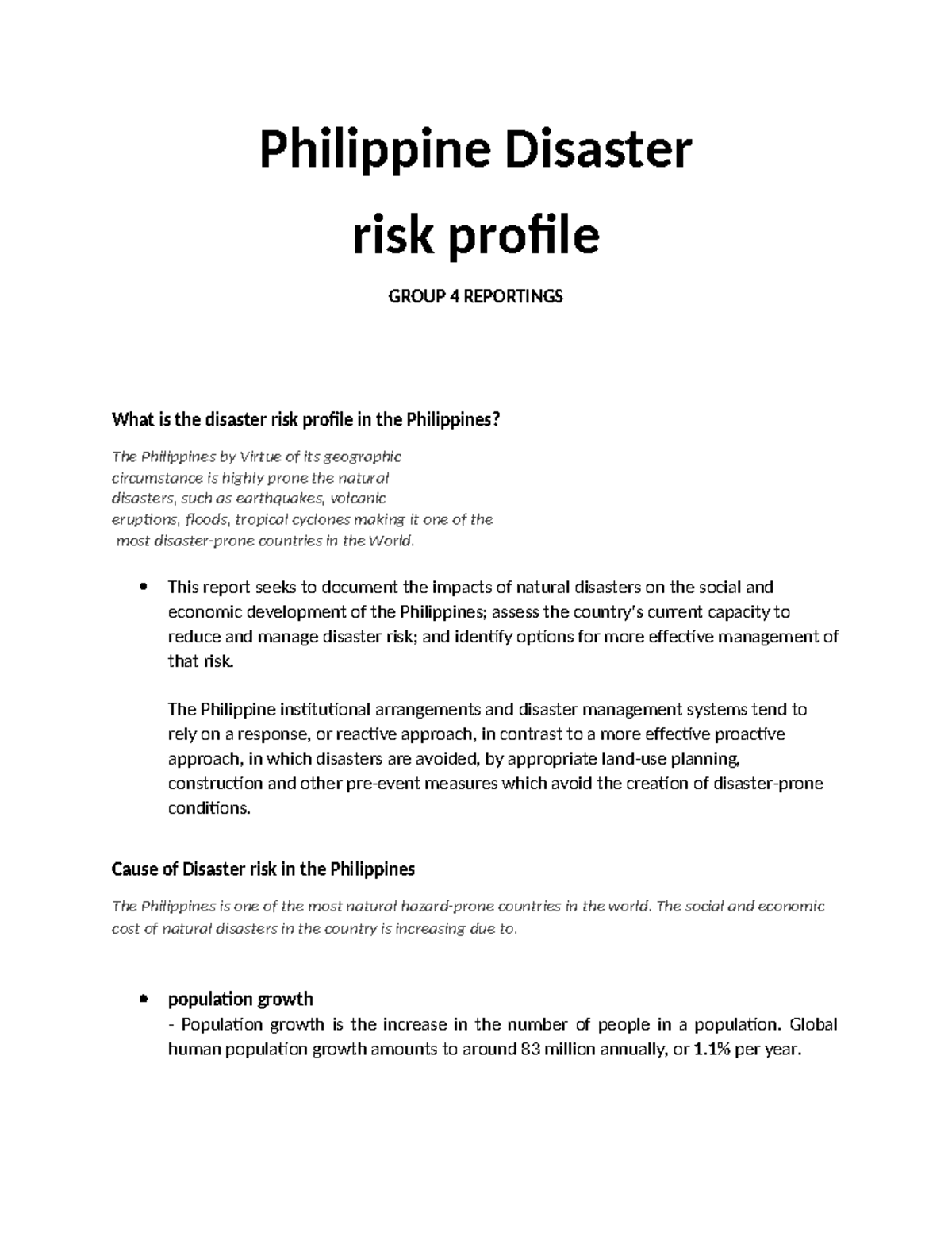 Philippine Disaster Risk Profile: Group 4 Report Analysis - Studocu