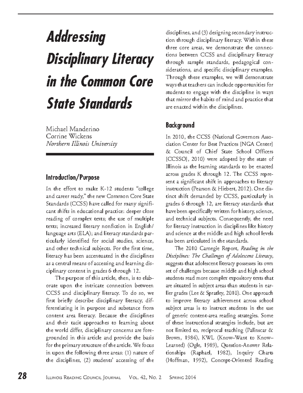 Addressing Disciplinary Literacy in the CCSS: Strategies for ...