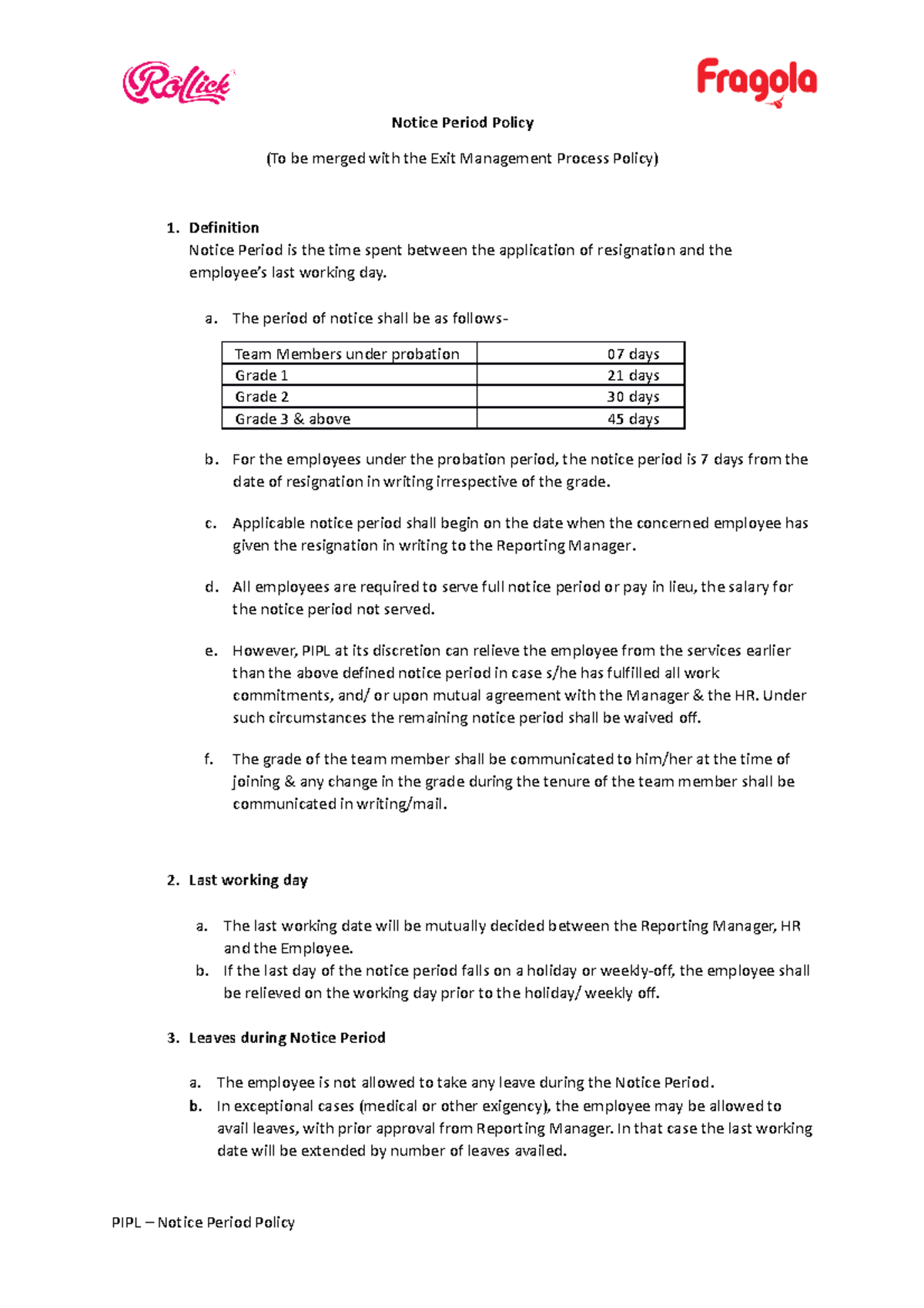 PIPL - Notice Period Policy Guidelines and Procedures - Studocu