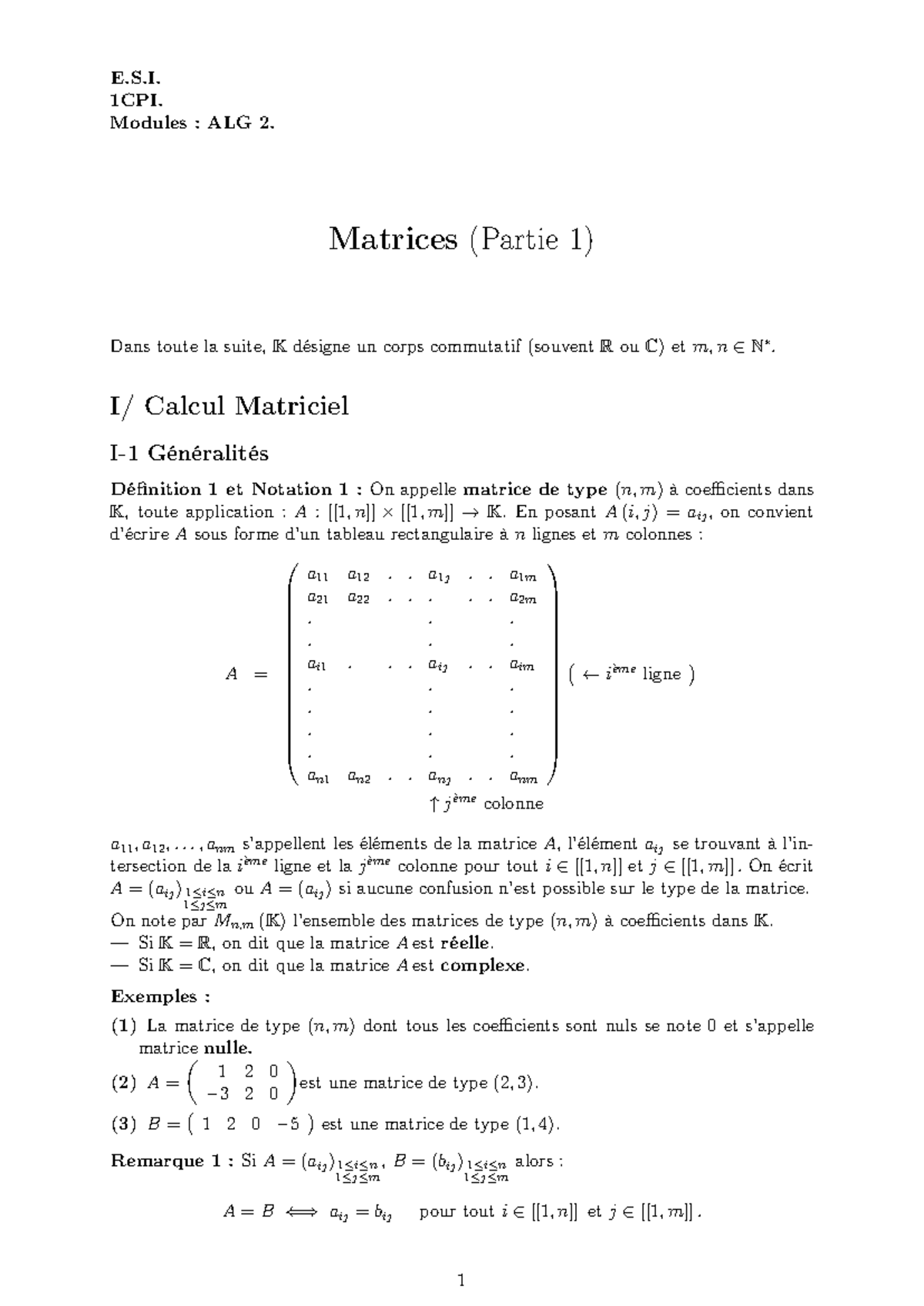 E.S.I. 1CPI. Cours sur les Matrices (Partie 1) - Studocu