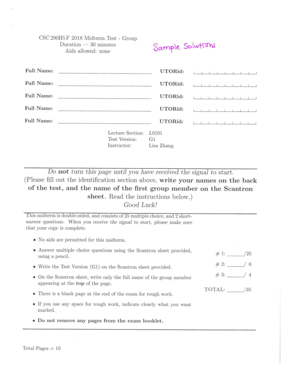 CSC 290H5 F 2018 Midterm Test G1 Sample Solutions and Guidelines - Studocu