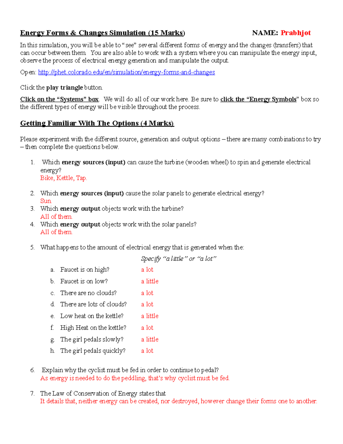 Lab 2 - Simulation of Energy Forms & Changes: Understanding ...