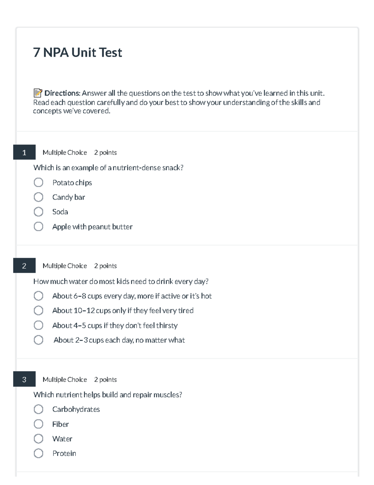 NPA Unit Test: Nutrients & Dietary Guidelines Overview - Studocu