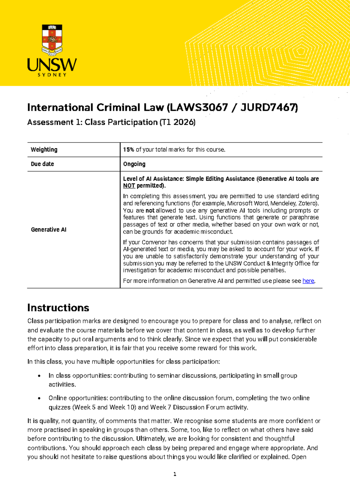 LAWS3067 JURD7467 - Assessment 1: Class Participation Guidelines - Studocu