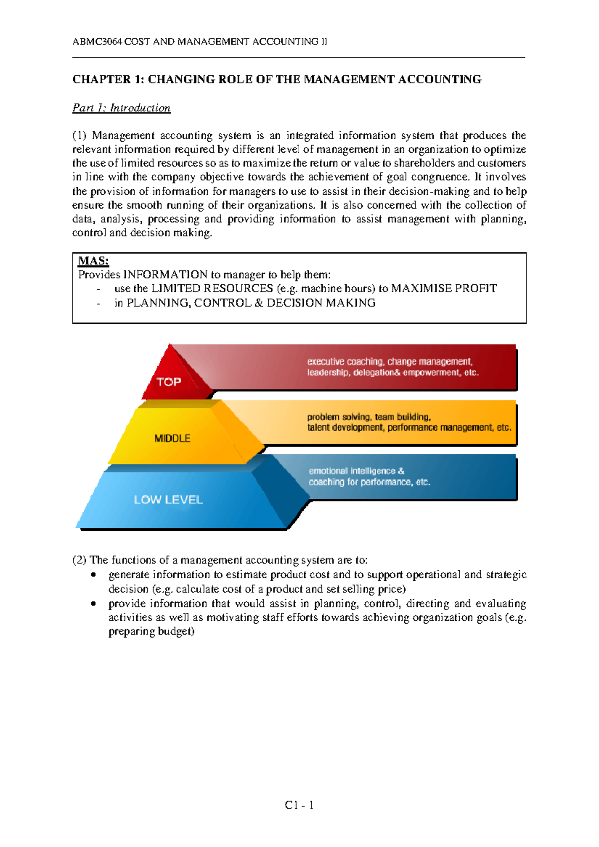 Chapter 1 Intro to MA 2022 - CHAPTER 1: CHANGING ROLE OF THE MANAGEMENT ...