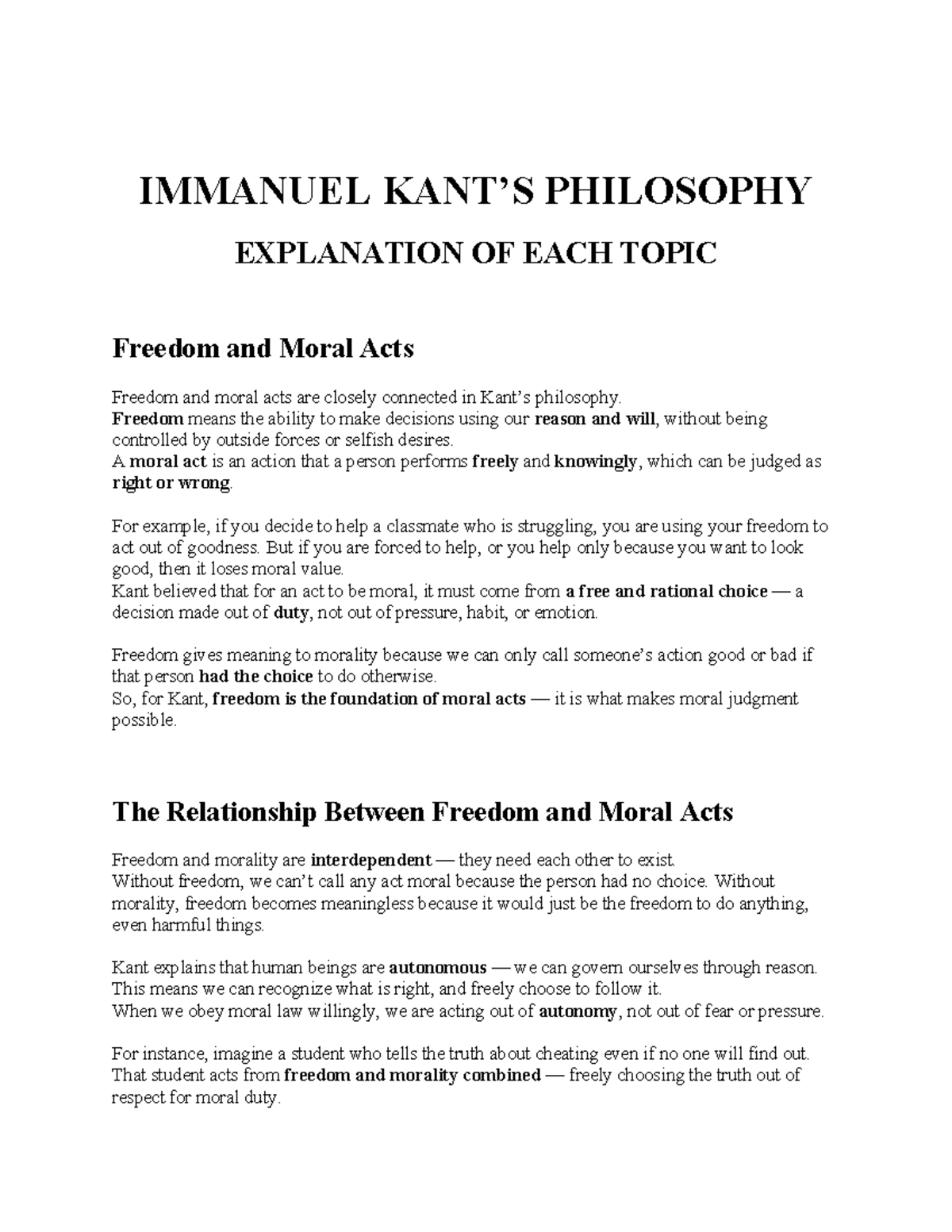 Immanuel Kant: Freedom and Moral Acts Explained - Studocu