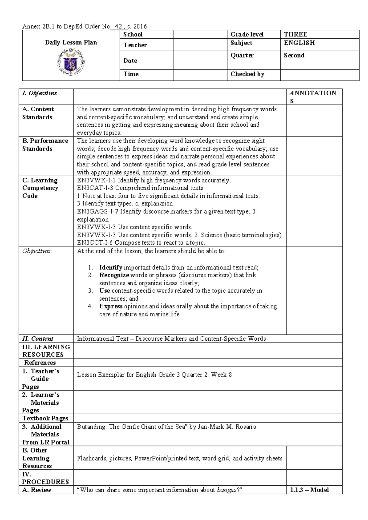 ENGLISH 3: Daily Lesson Plan for Quarter 2, Week 8 on Informational ...