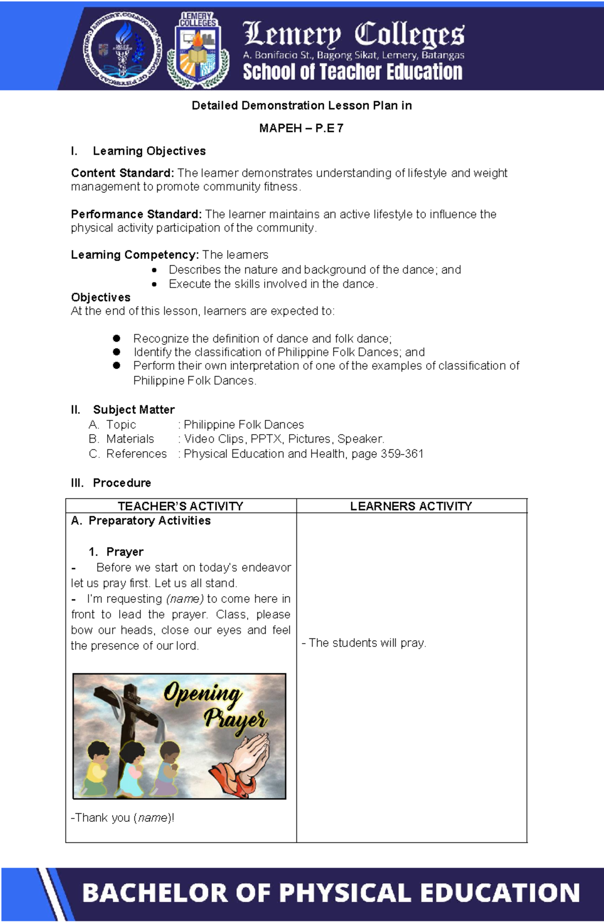 Final Demo Lesson Plan: Philippine Folk Dances in MAPEH P.E 7 - Studocu