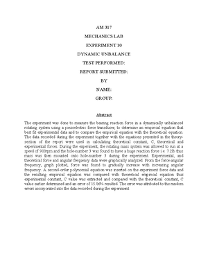 Torsion - Lab report - AM 317 MECHANICS LAB EXPERIMENT 4 TORSON OF ...