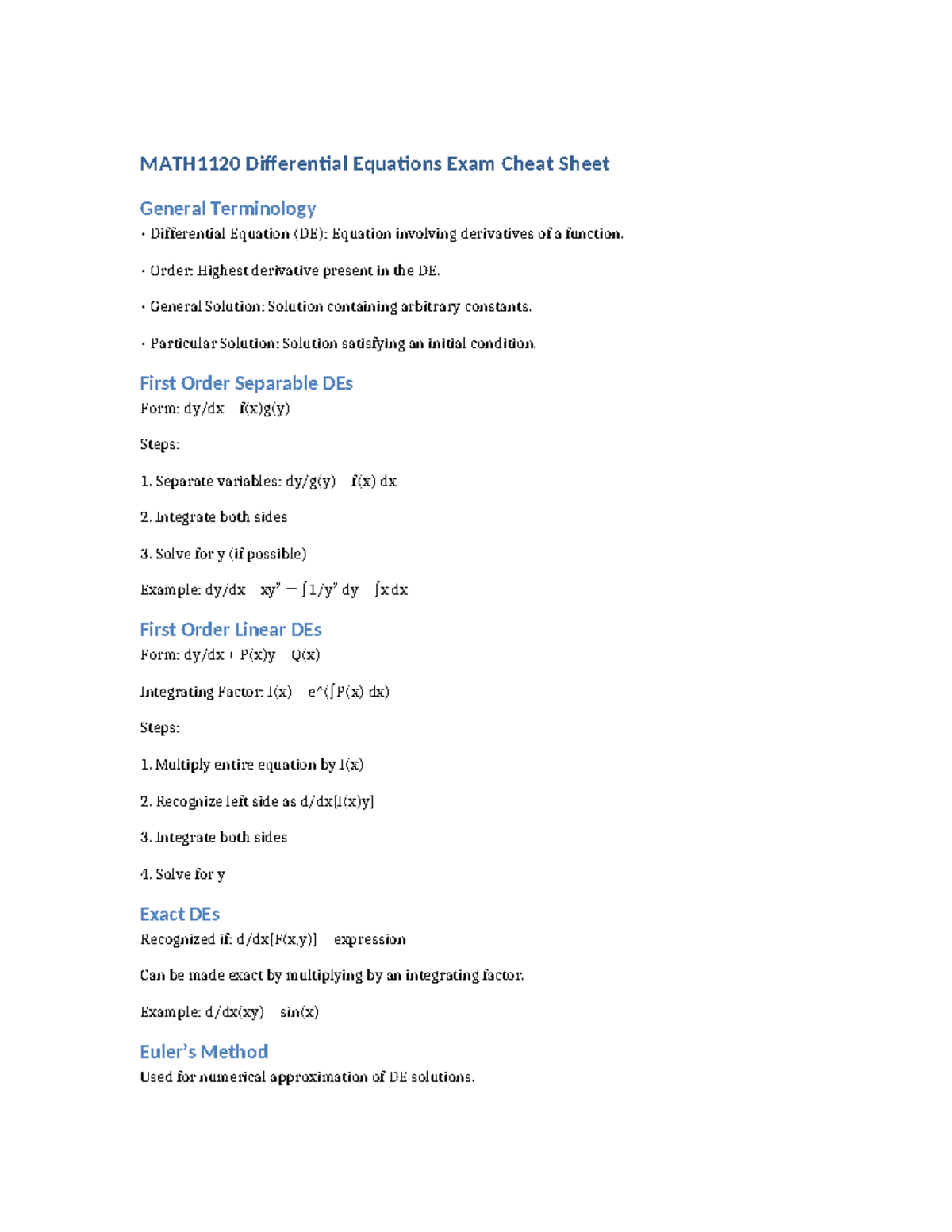 MATH1120 Differential Equations Exam Cheat Sheet: Key Concepts ...
