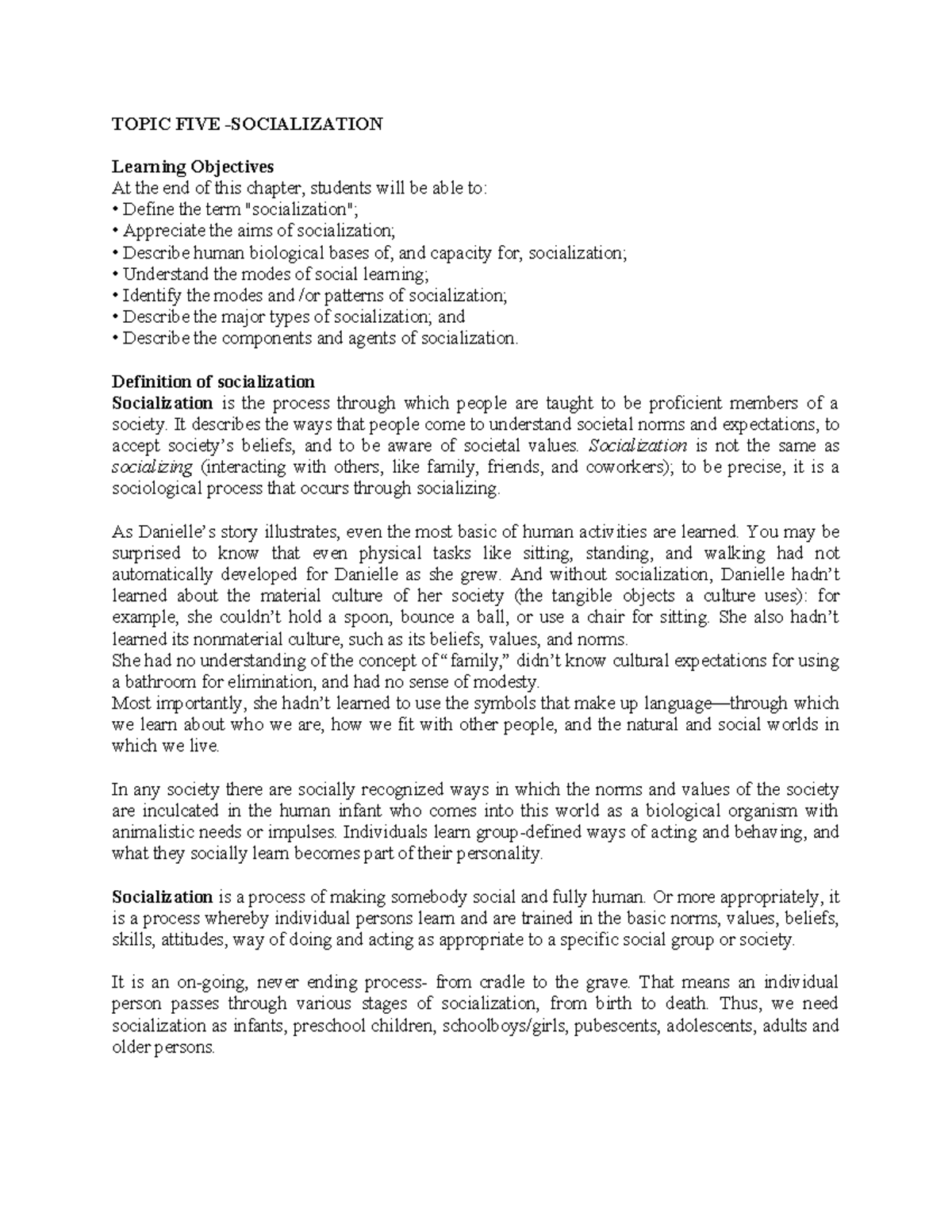 Topic 5: Understanding Socialization and Its Key Components - Studocu