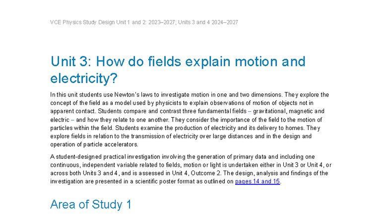 VCE Physics Study Design Units 3 & 4: Fields, Motion & Electricity ...