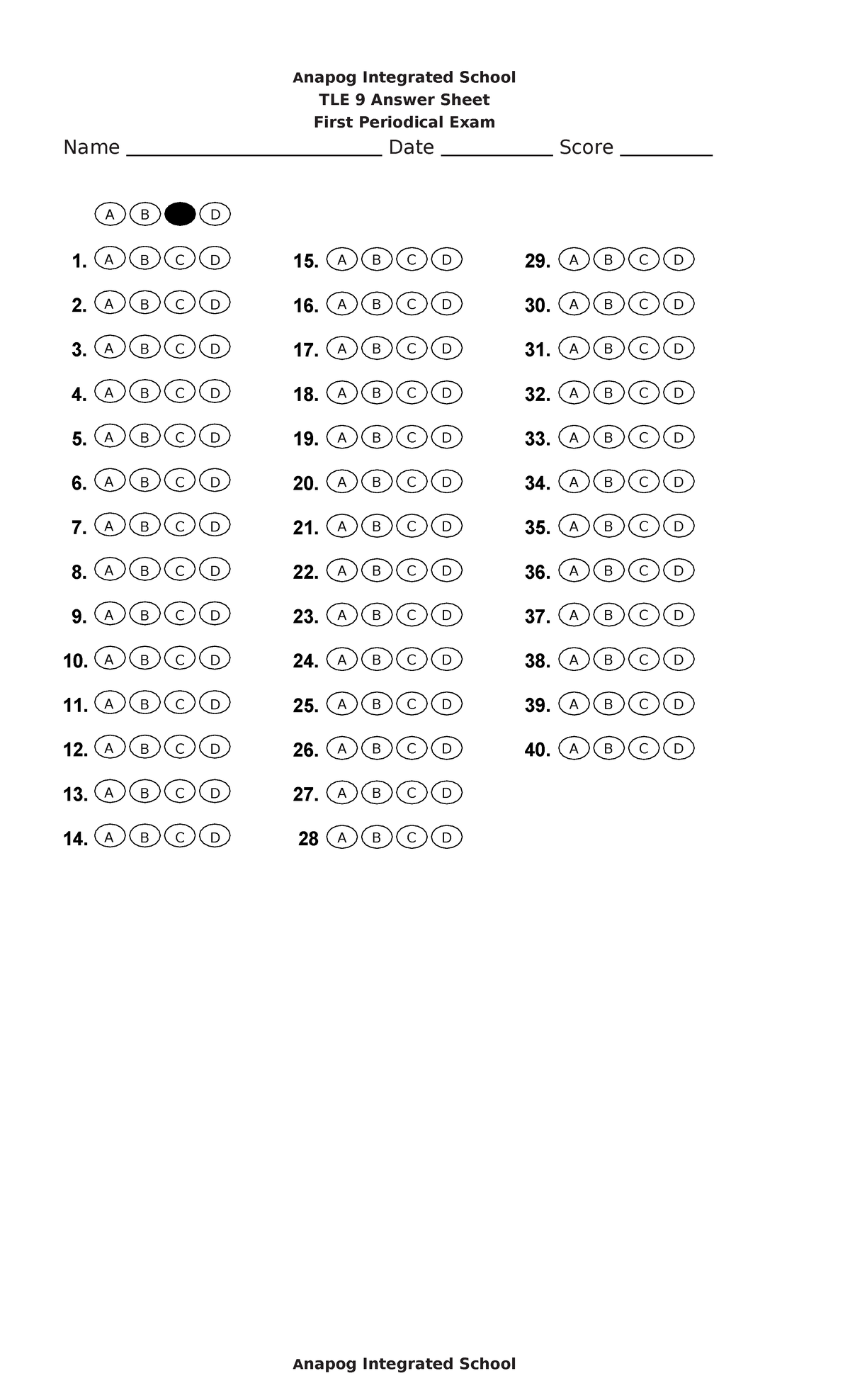 Answer Sheet Shading - revuew - Anapog Integrated School TLE 9 Answer ...