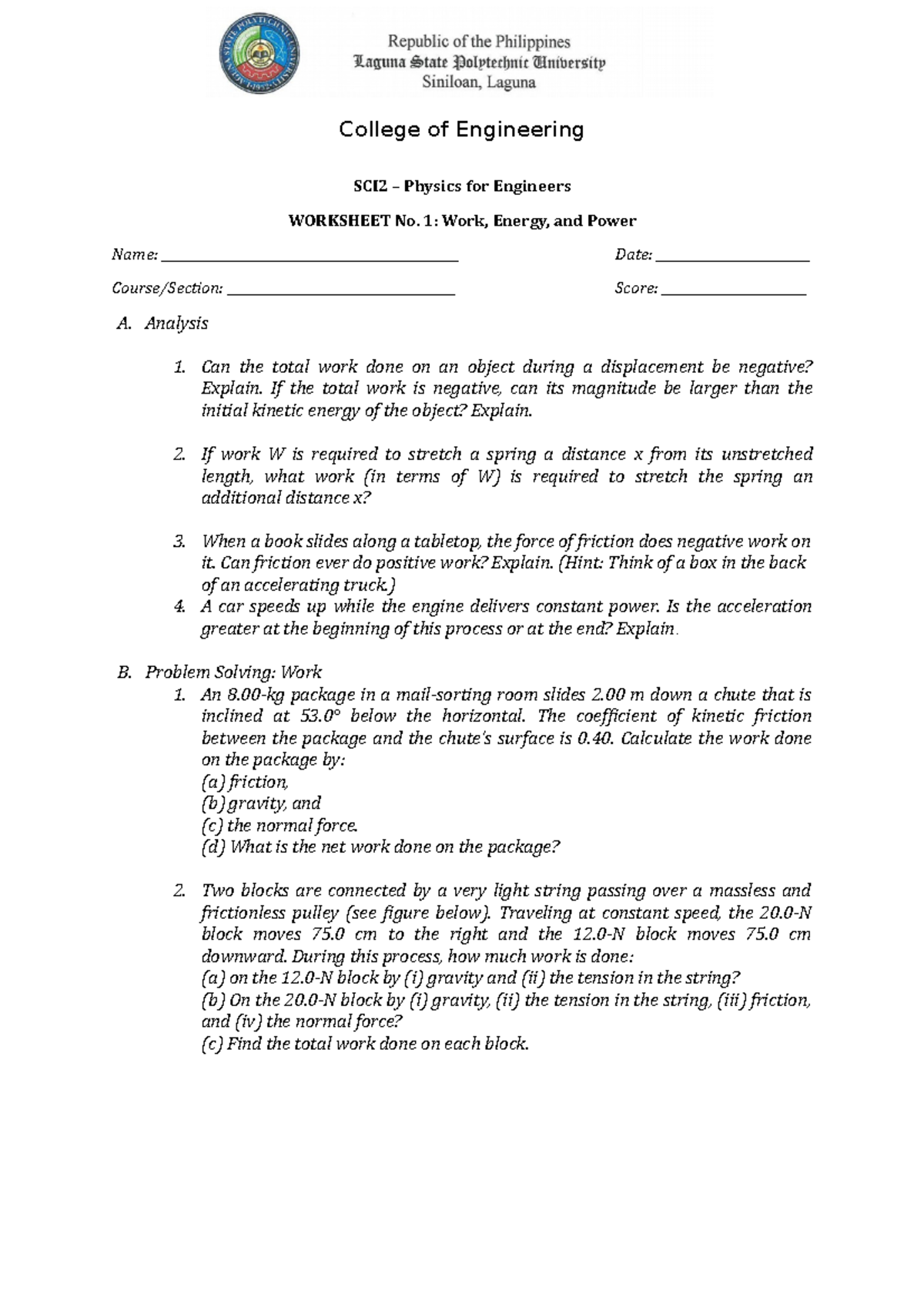Worksheet 1 - Work, Energy, Power - College of Engineering SCI2 ...