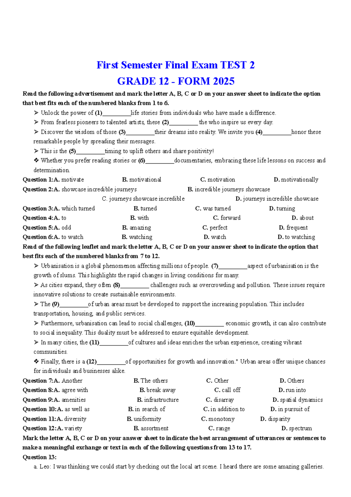 First Semester Final Exam TEST 2 - Grade 12 - 2025: Comprehensive ...