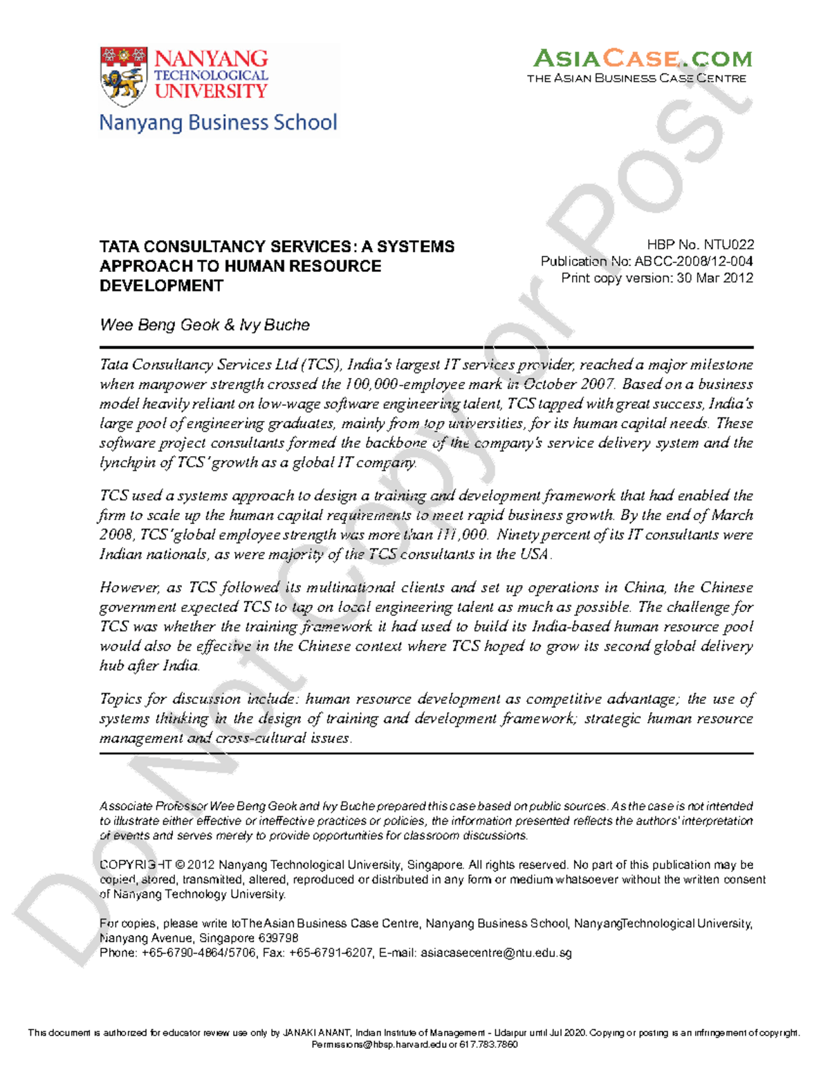 TCS-ABCC Case Study: Systems Approach to HR Development - Studocu
