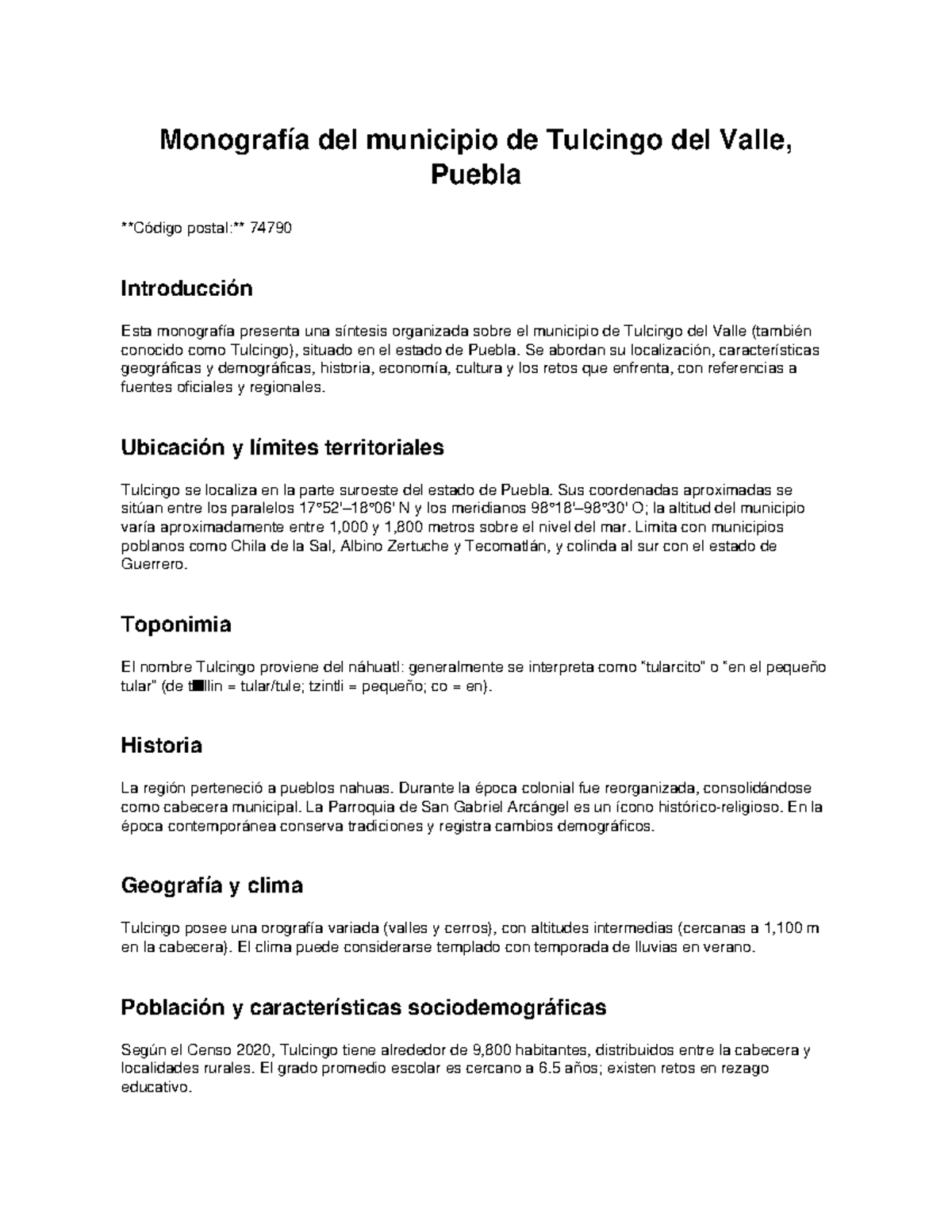 Monografía del Municipio de Tulcingo del Valle, Puebla 74790 - Studocu