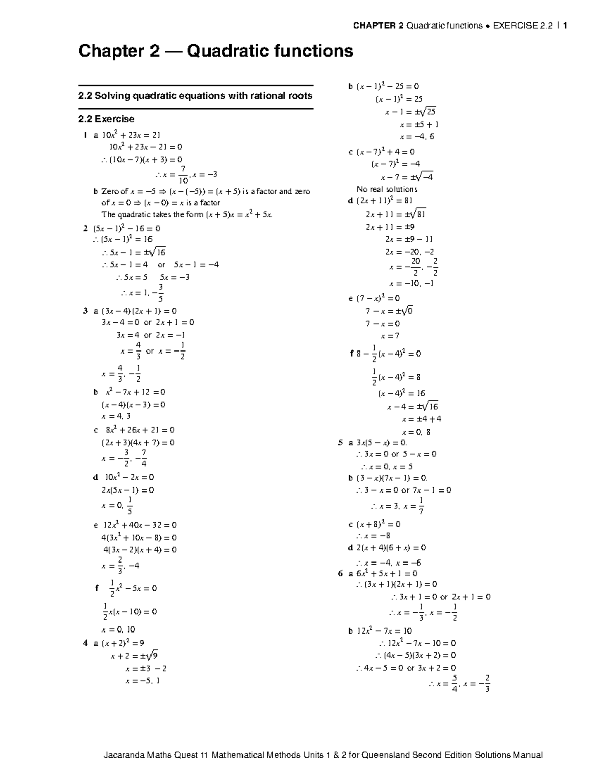 Chapter 2 Worked Solutions - Chapter 2 — Quadratic functions 2 Solving ...