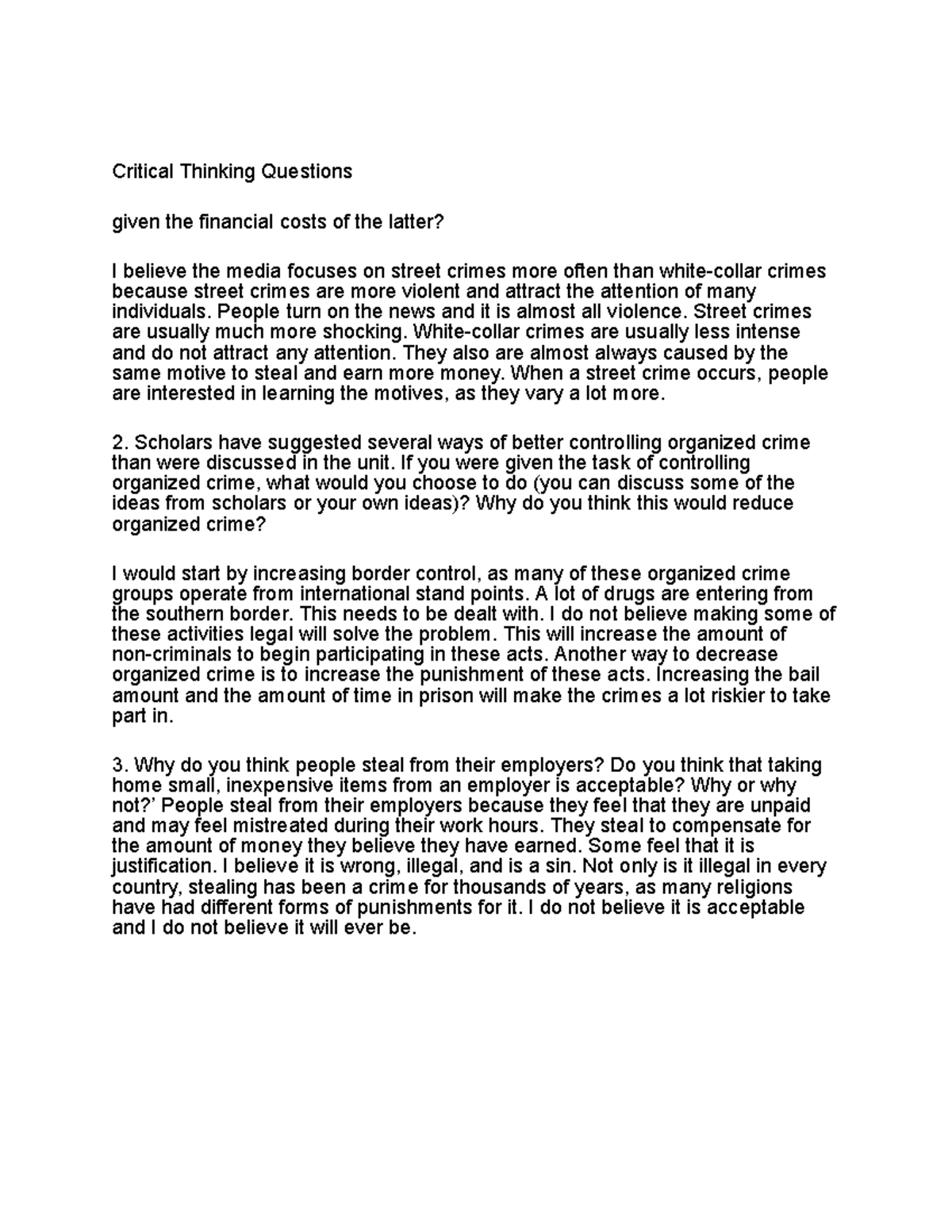 Critical Thinking Questions 5: Analyzing Crime Perspectives - Studocu