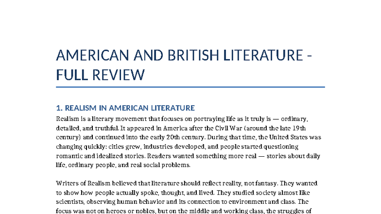 AMERICAN AND BRITISH LITERATURE: A Comprehensive Review - Studocu