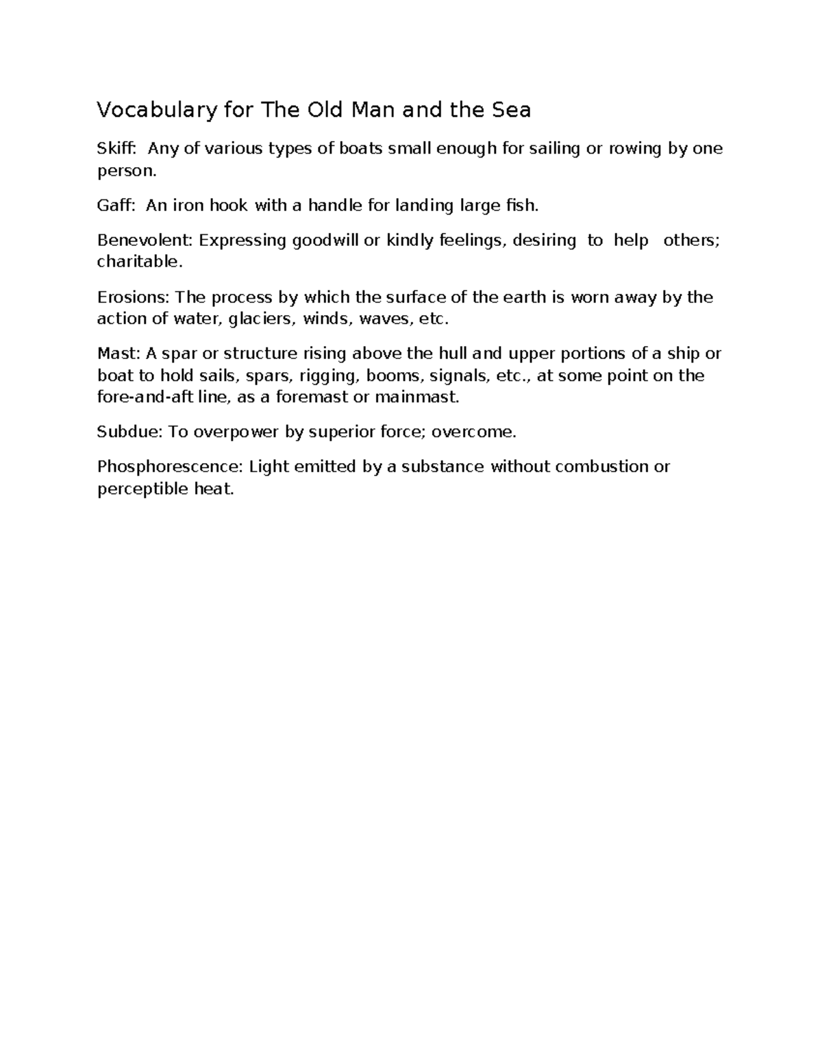 The old man and the sea - vocab - Vocabulary for The Old Man and the ...