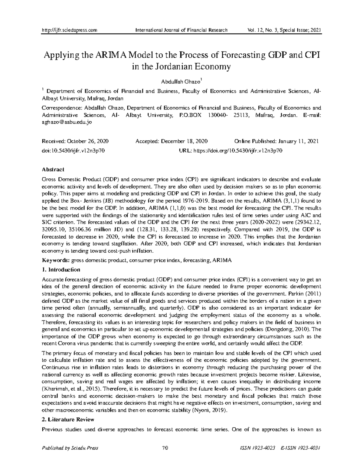 ARIMA Model Application for GDP and CPI Forecasting in Jordan (FIN 2021 ...