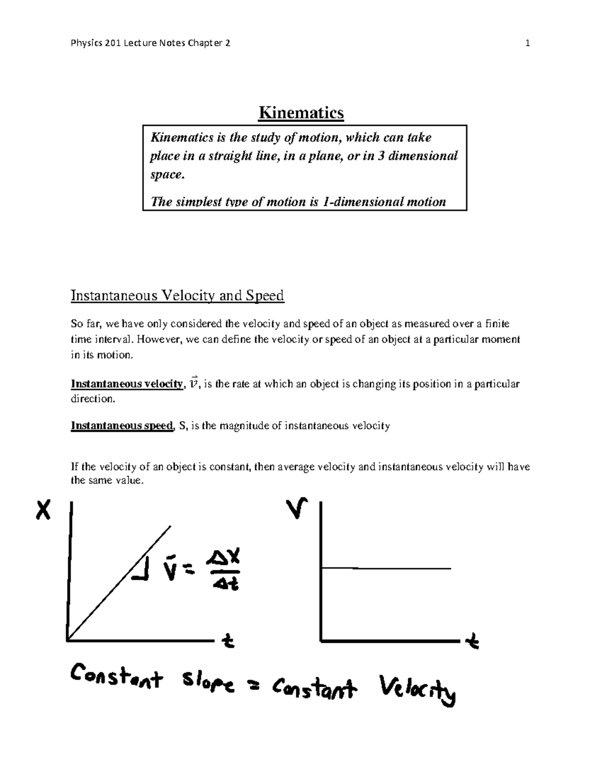 Physics 201 Lecture Notes: Kinematics and Instantaneous Motion - Studocu
