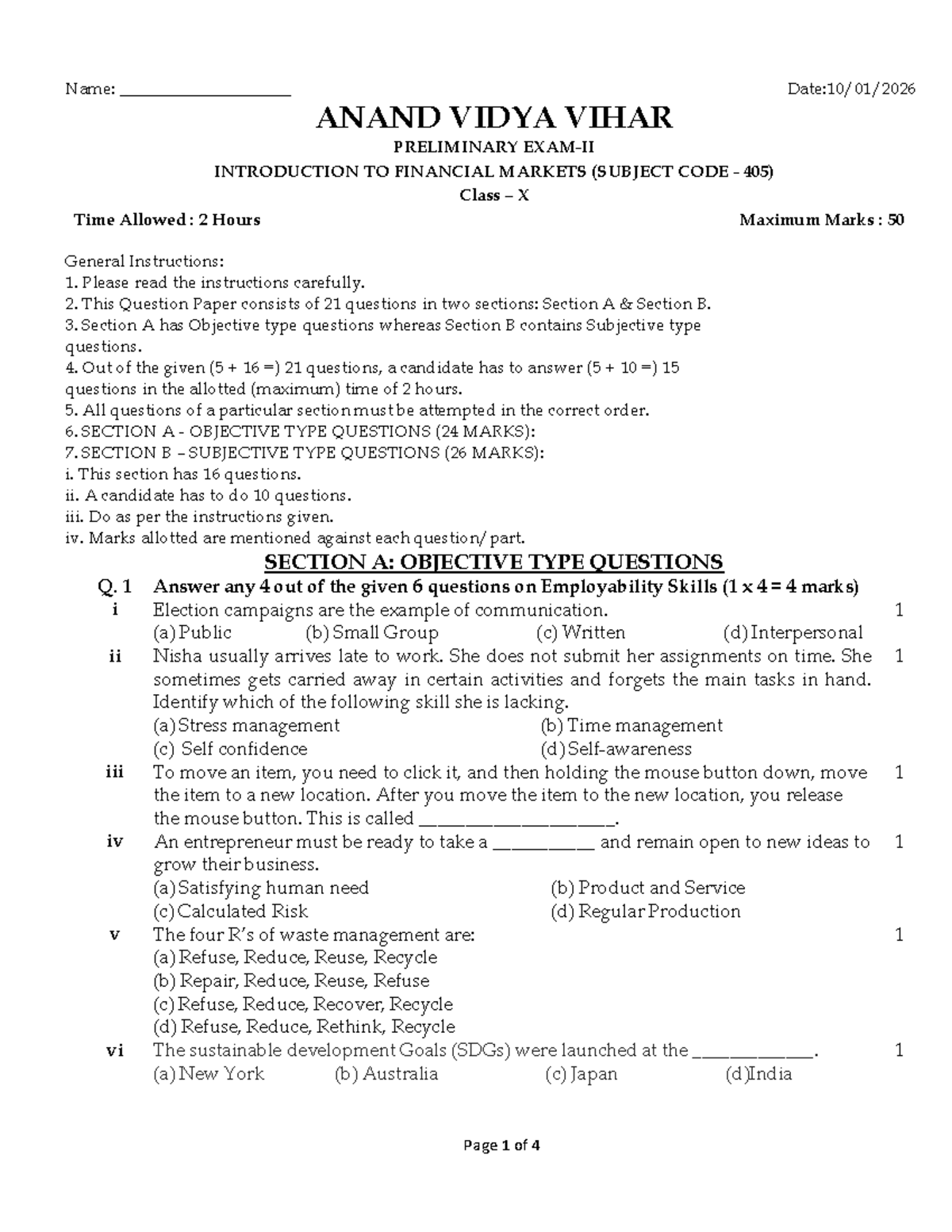 ANAND VIDYA VIHAR FIN 405 Preliminary Exam on Financial Markets - Studocu