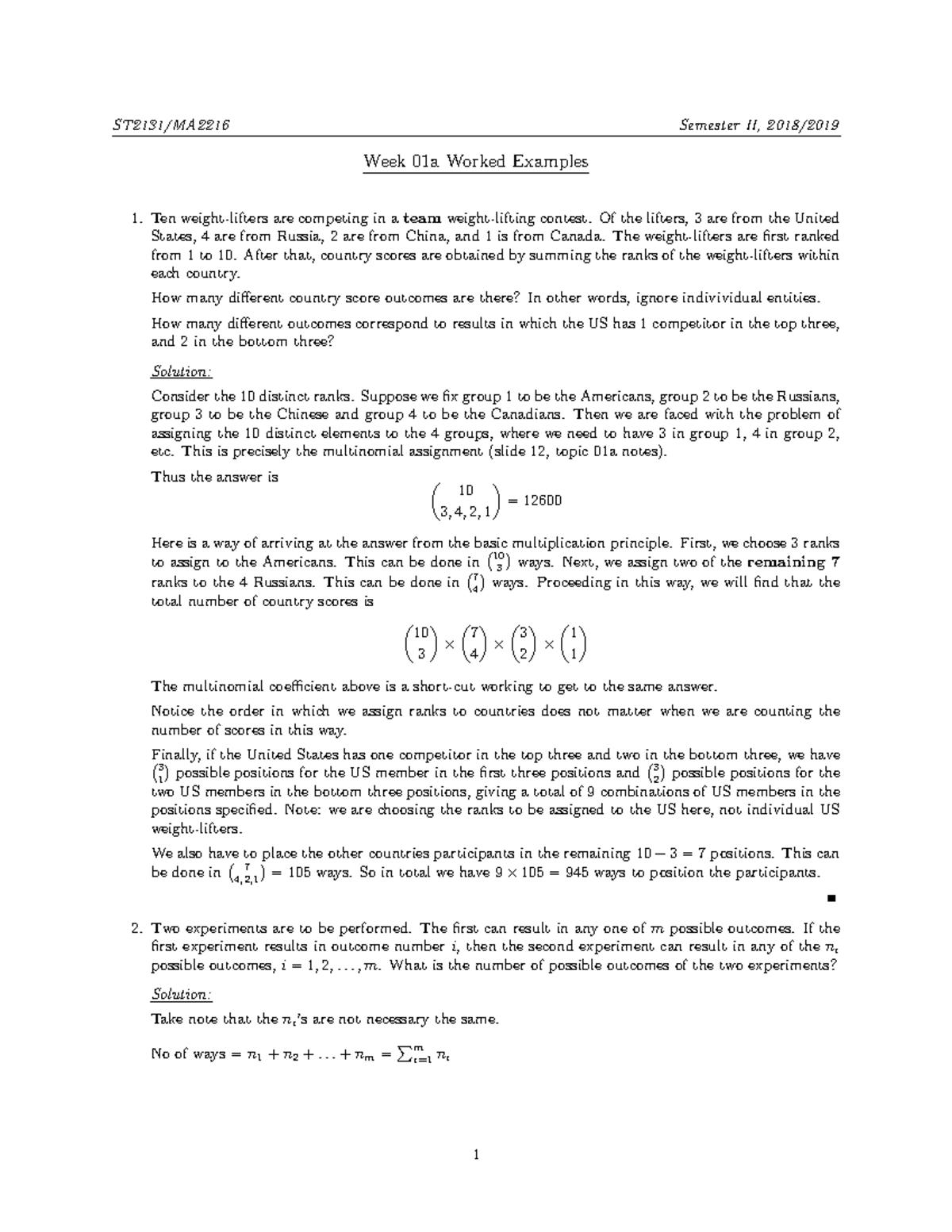 ST2131/MA2216 Team Weight-Lifting Contest Worked Examples Summary - Studocu