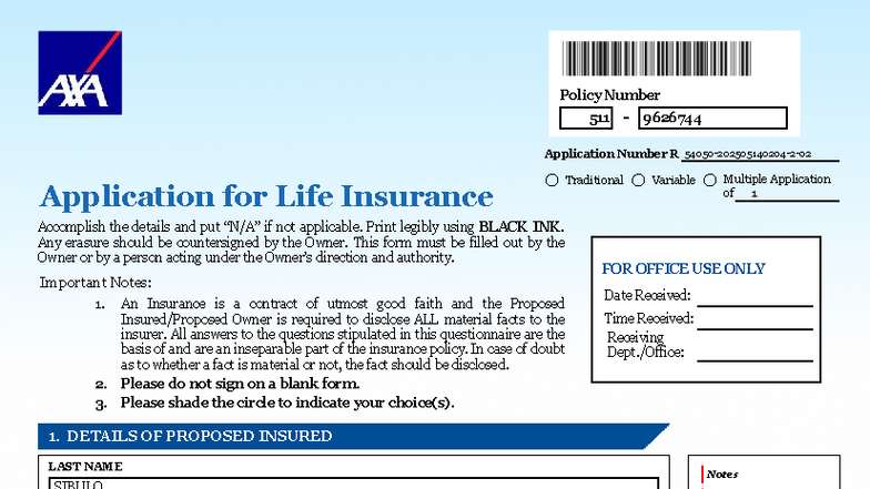 Application for Life Insurance - Policy No. 511 9626744 - Studocu