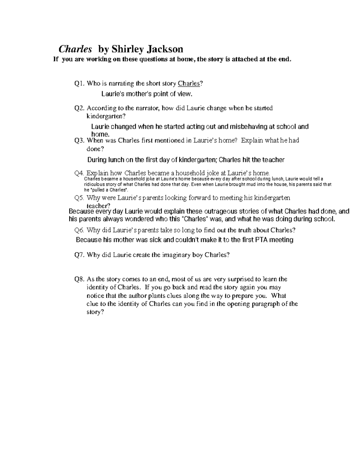 Study Questions for "Charles" by Shirley Jackson - Studocu
