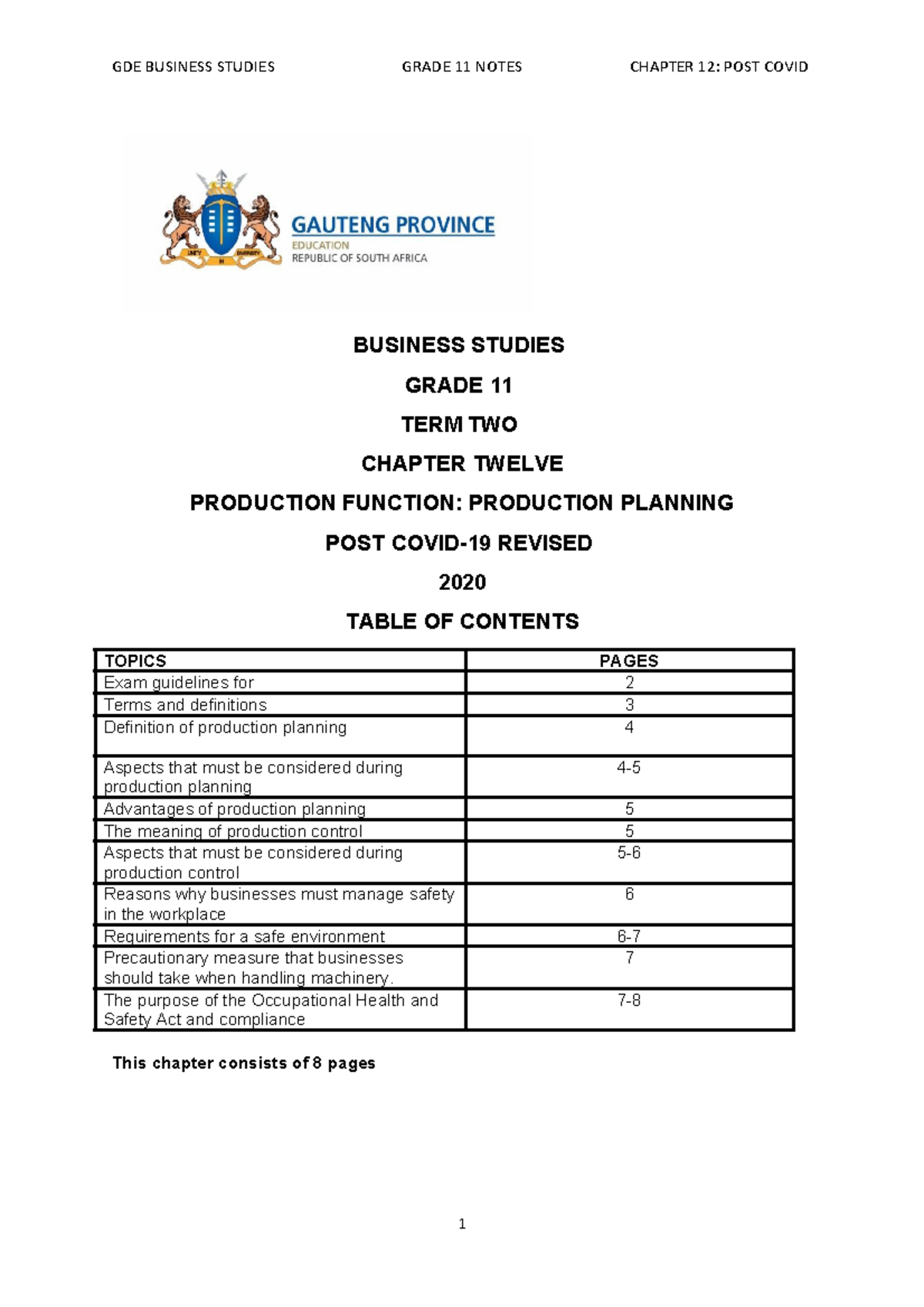BUS111 - Production Function: Planning & Safety Management Notes - Studocu