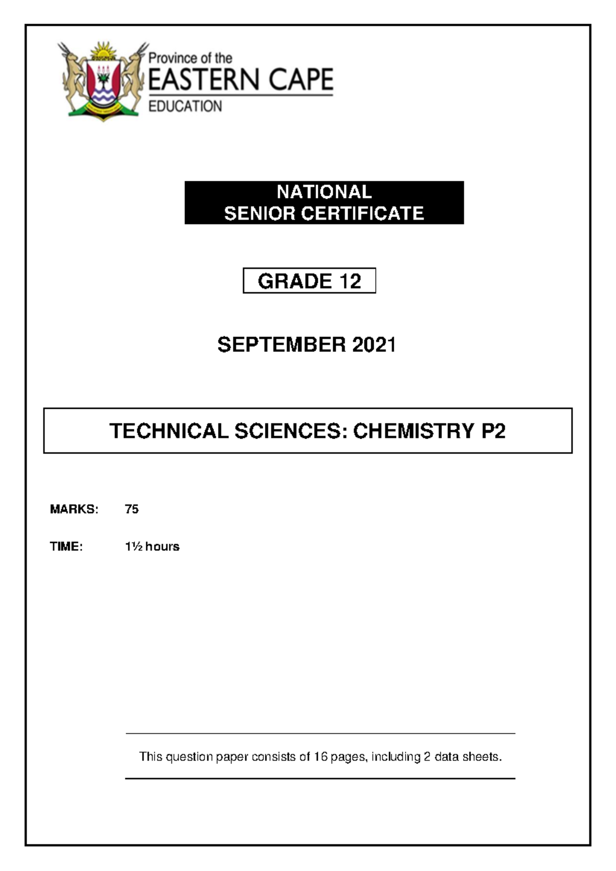TECHNICAL SCIENCES GRADE 12 P2 QUESTION PAPER SEPTEMBER 2021 - Studocu