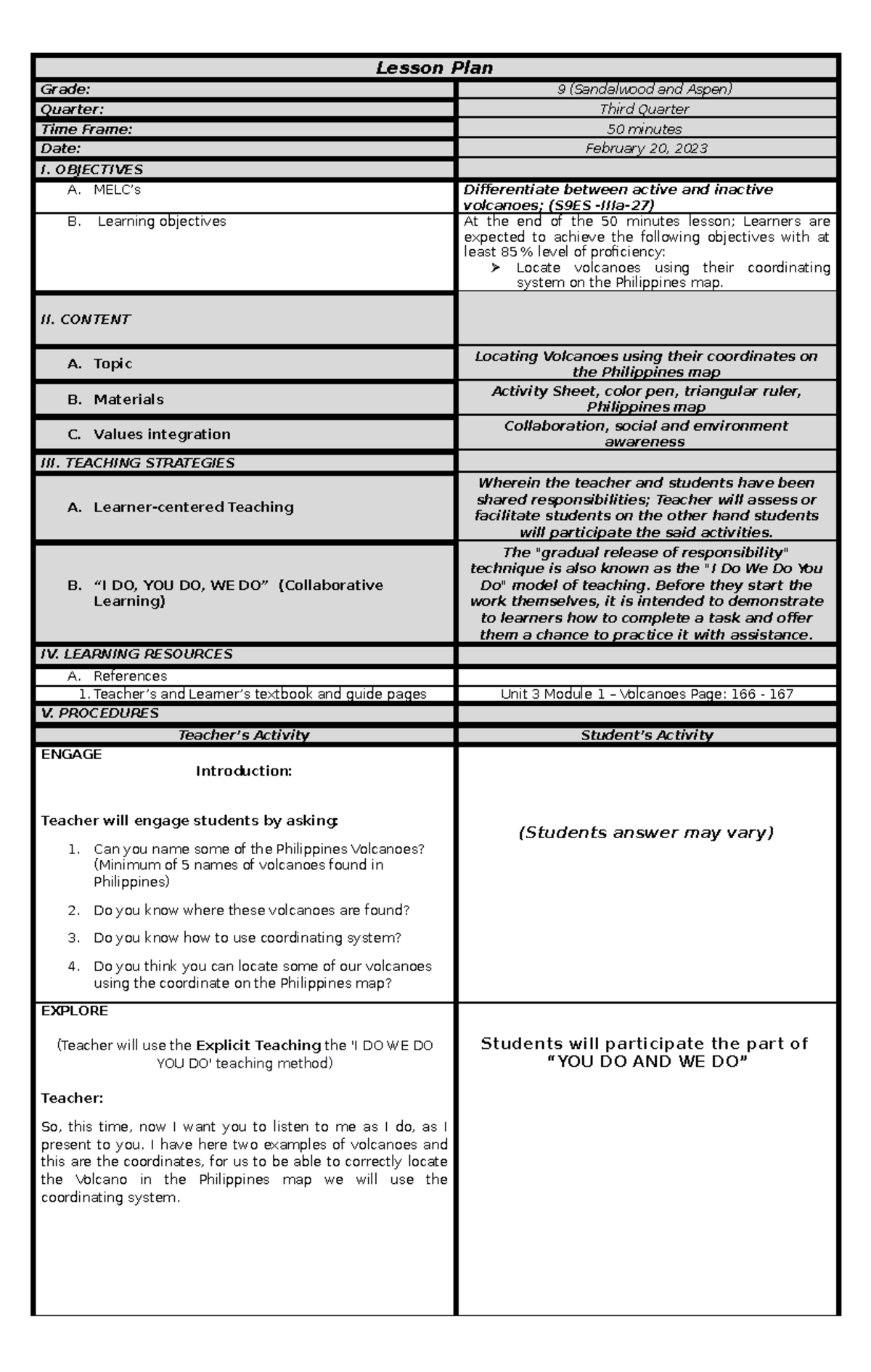 Lesson Plan: Locating Volcanoes in the Philippines (Grade 9) - Studocu