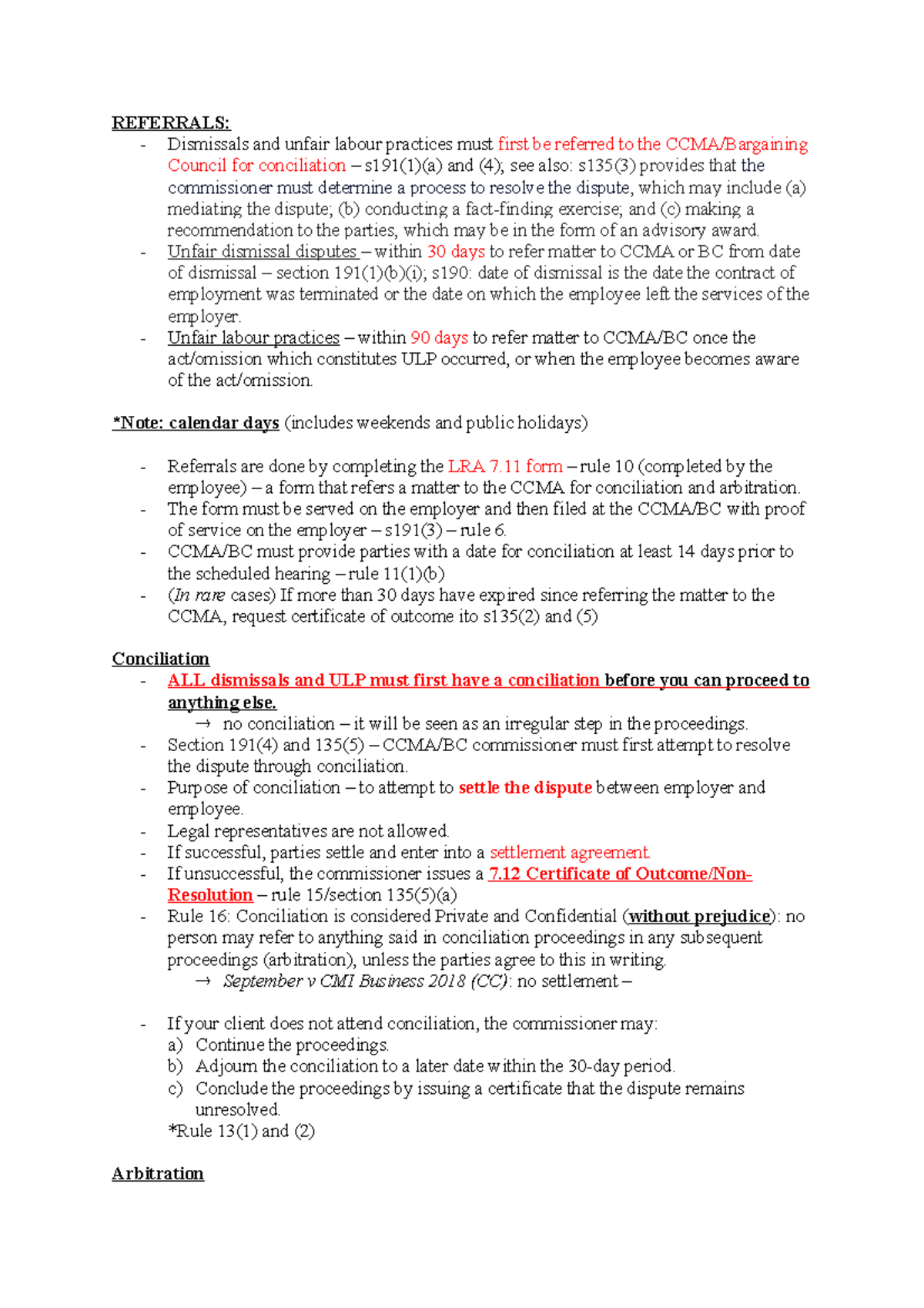 CCMA Referrals and Conciliation/Arbitration Class Notes - Studocu