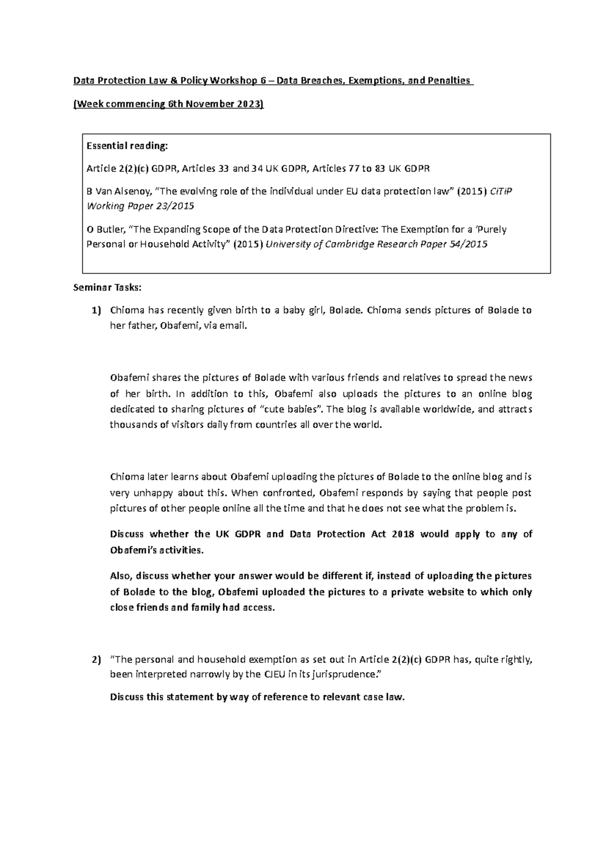 Data Protection Law Workshop 6: Data Breaches & Exemptions Worksheet ...