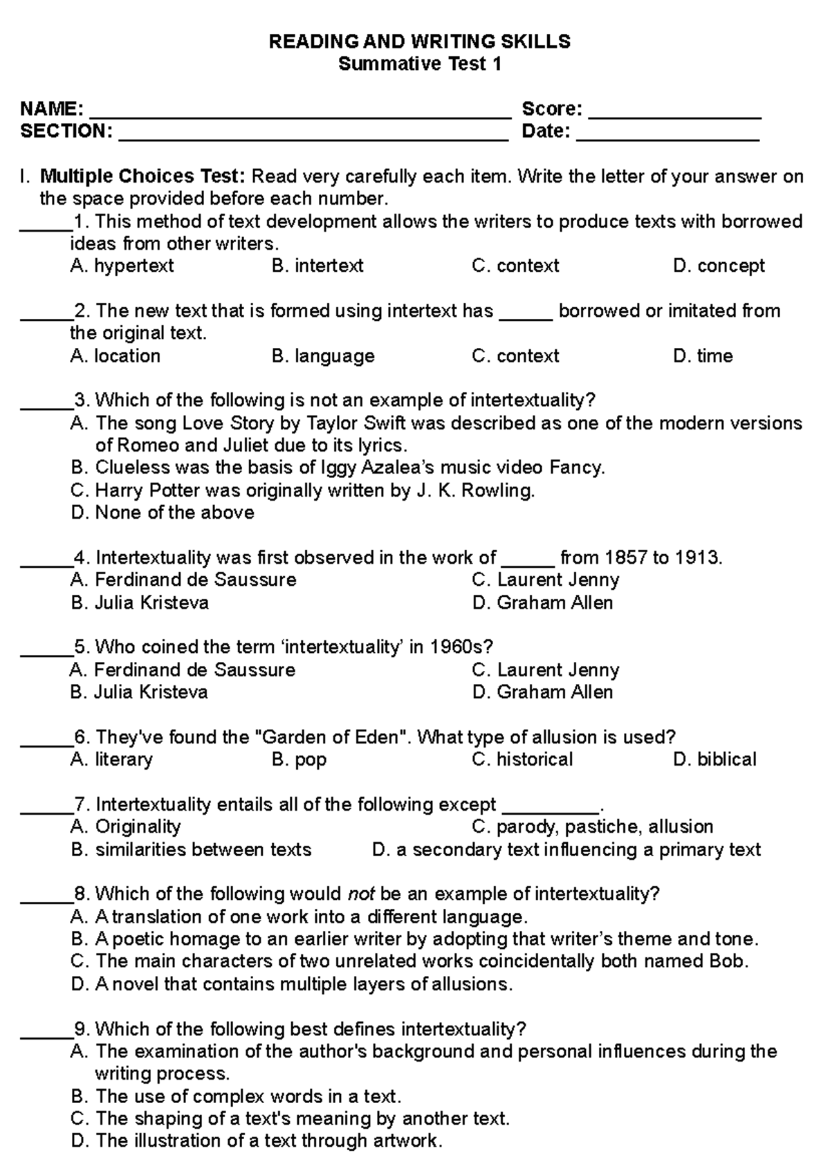 RWS- Summative Test 1 - Intertextuality & Hypertext Concepts - Studocu