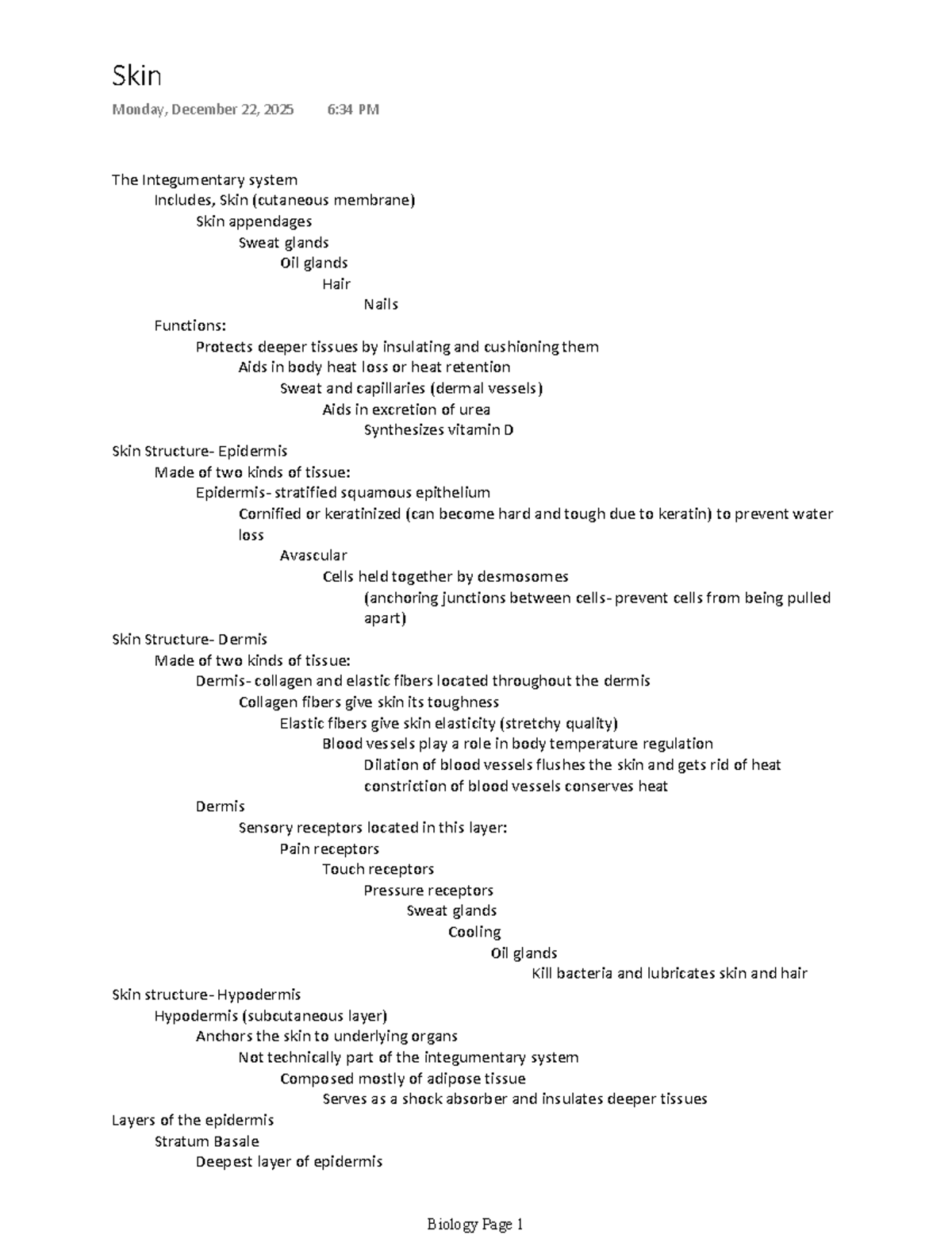 Integumentary System Overview: Skin Notes for Biology 101 - Studocu