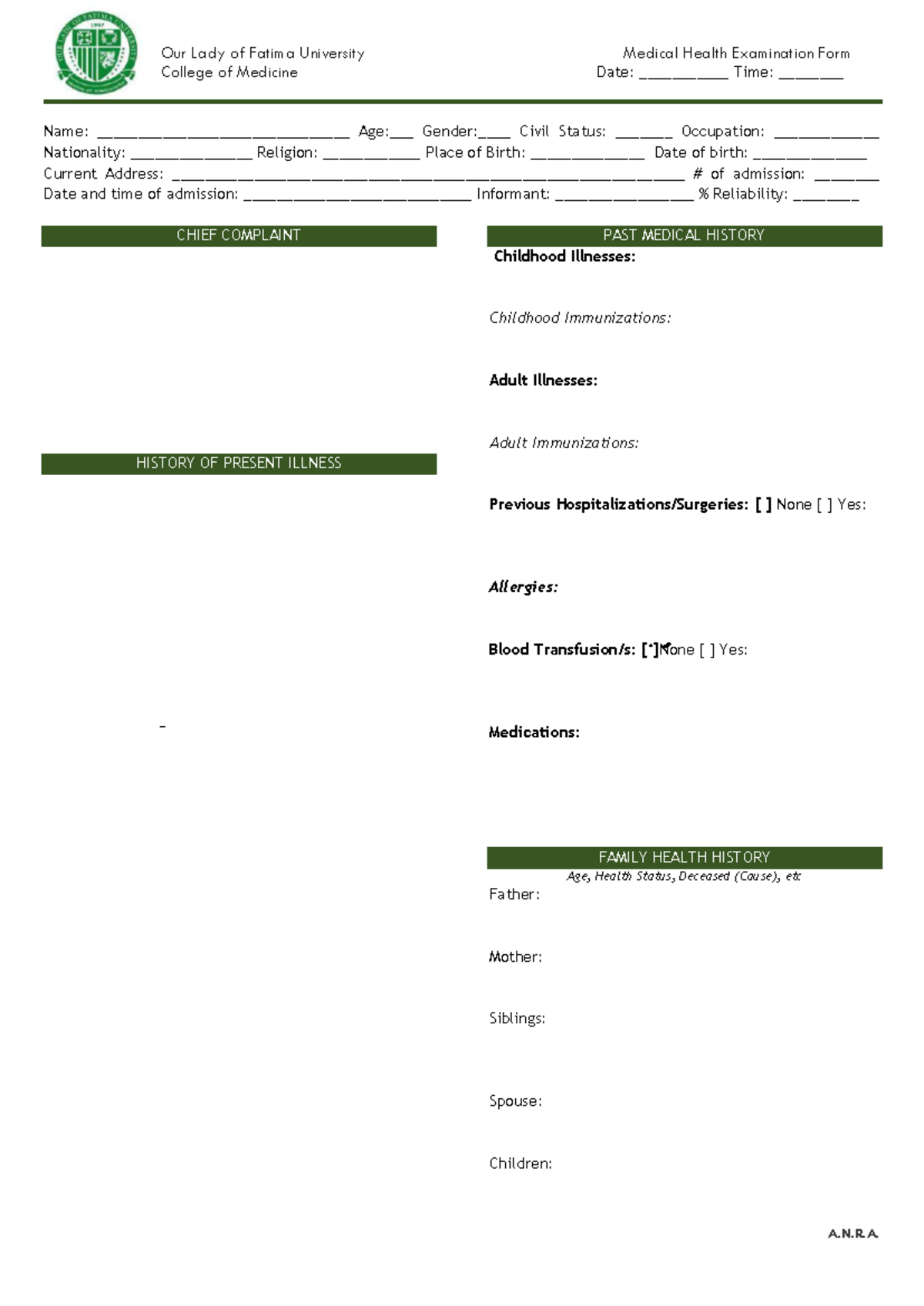 Medical Health Examination Form - Our Lady of Fatima University College ...