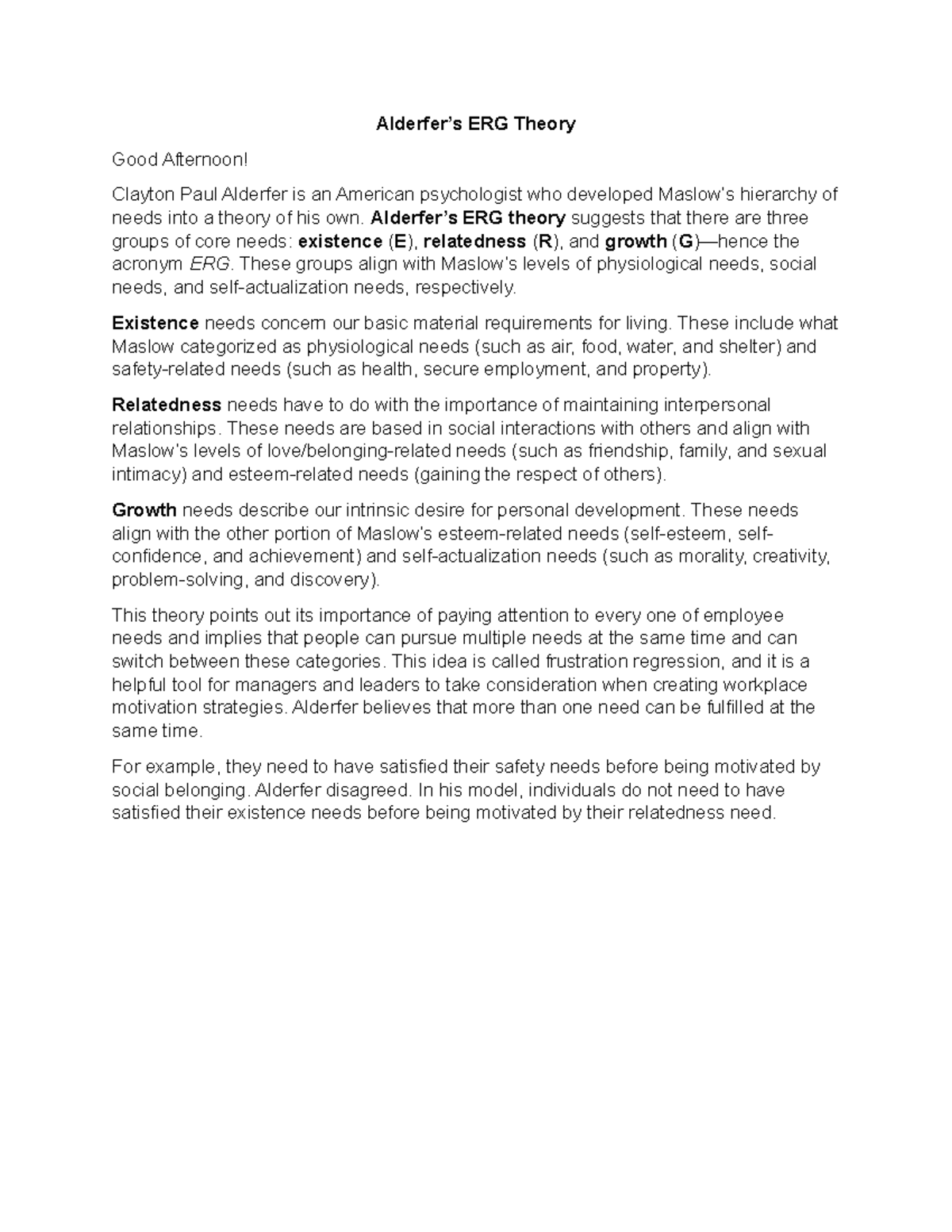 ERG Theory: Understanding Alderfer's Core Needs Model - Prof Dev - Studocu