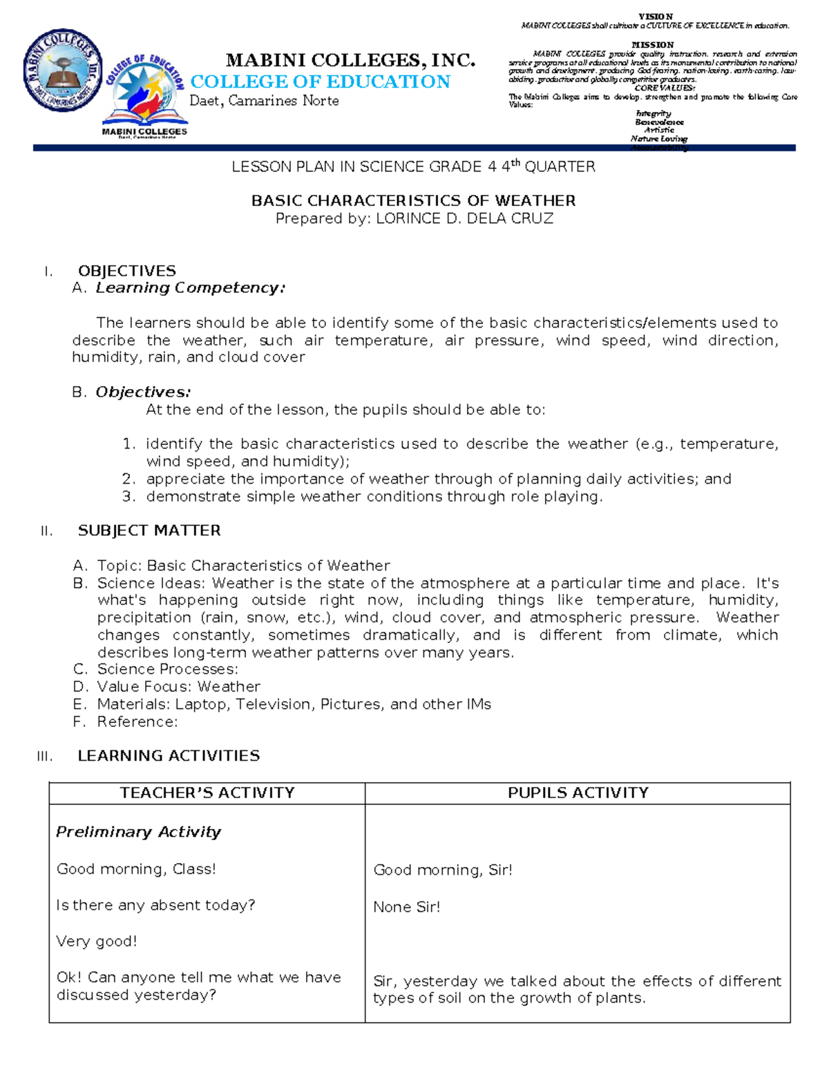 Lesson Plan in Science for Grade 4: Basic Characteristics of Weather ...